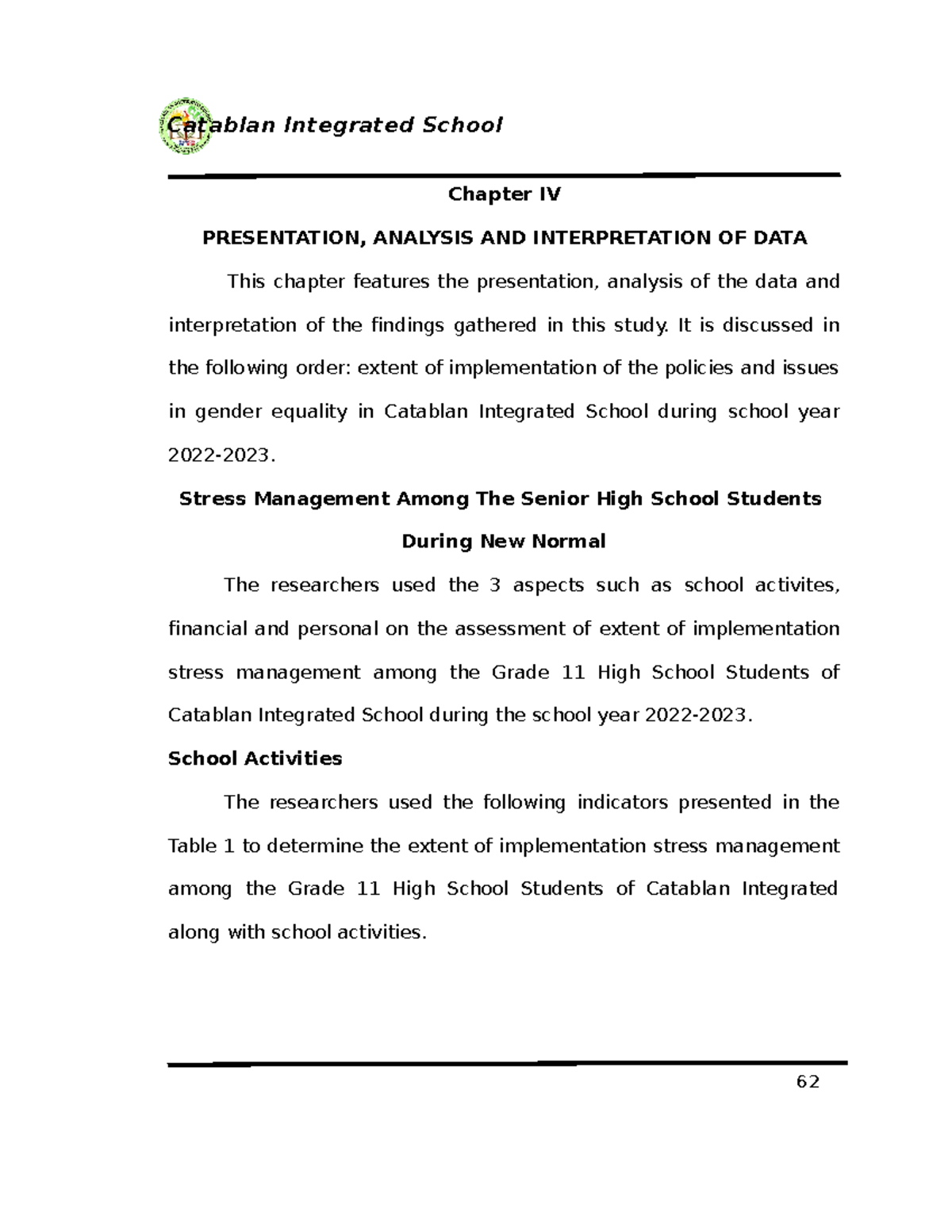 Chapter 4 final for reference - Chapter IV PRESENTATION, ANALYSIS AND ...
