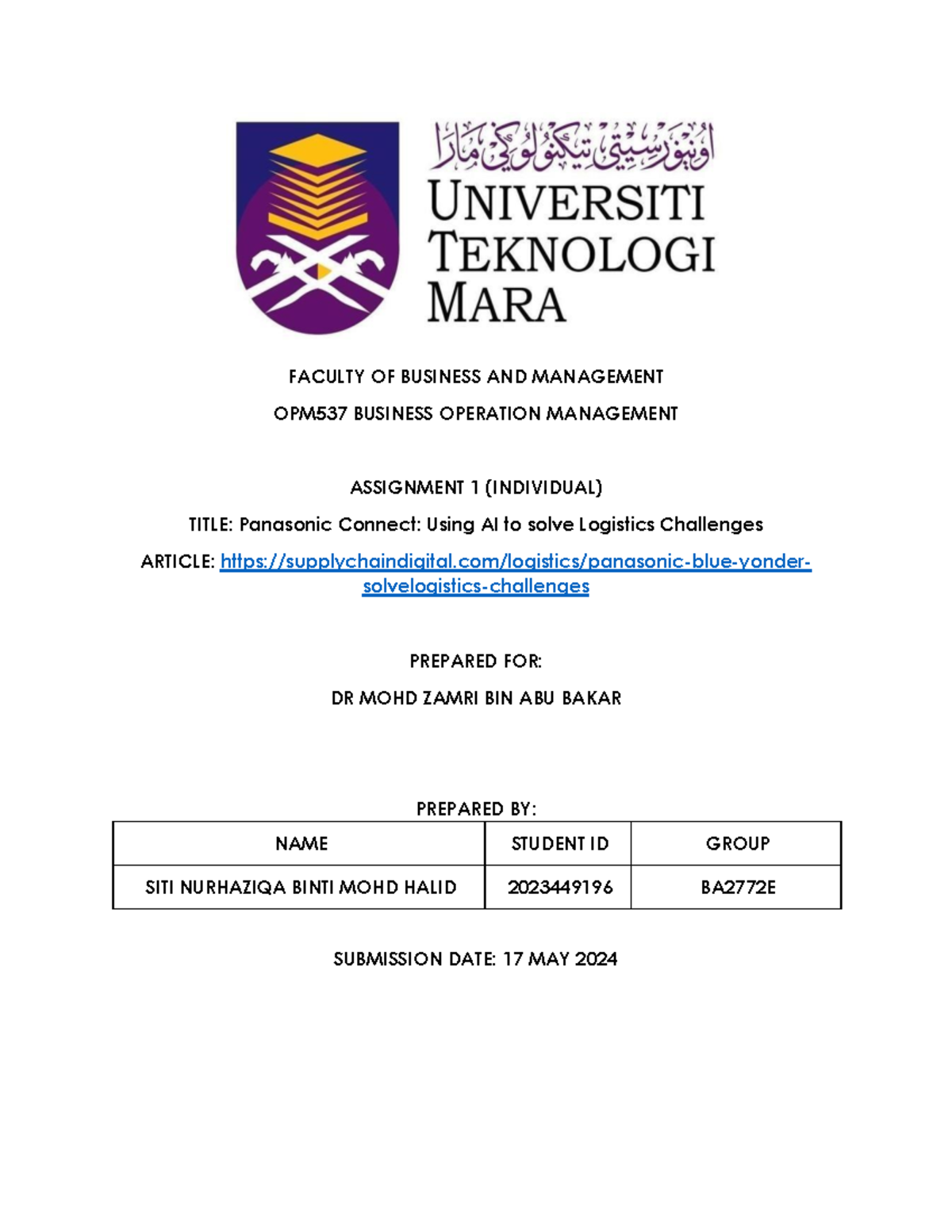 OPM537 Individual Assignment 1 (2023449196) - FACULTY OF BUSINESS AND ...