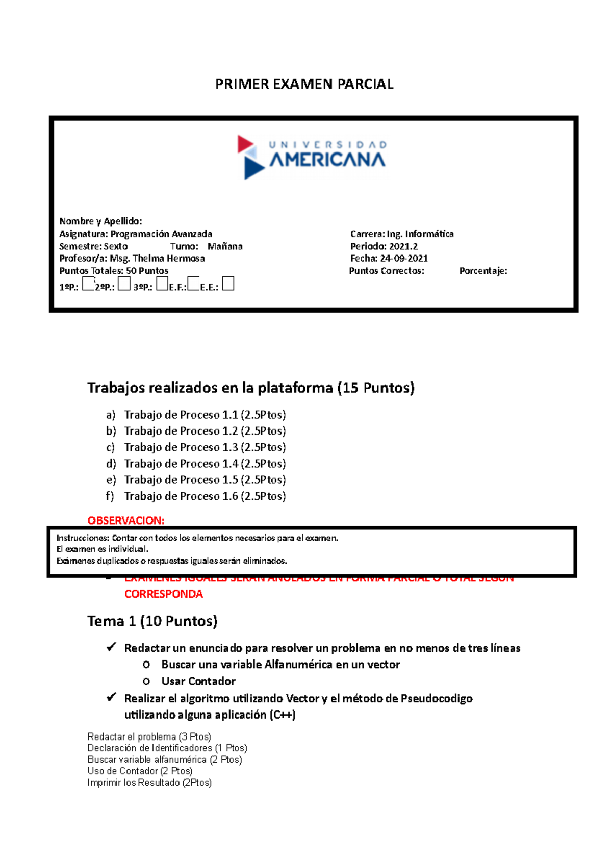 Primer Parcial Programacion Avanzada 2021 2 - PRIMER EXAMEN PARCIAL ...