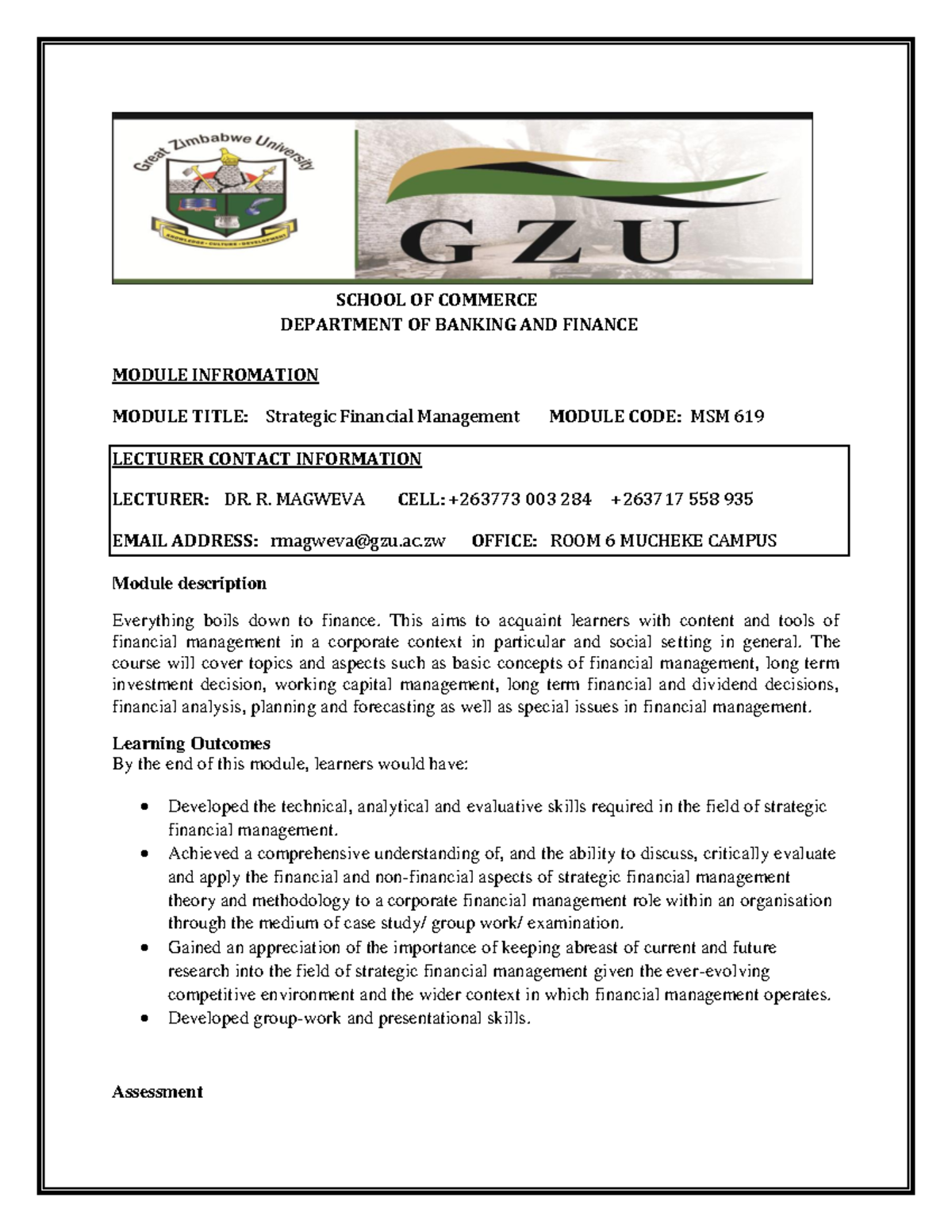 MSM 619 Strategic Financial management course Outline 2021 - SCHOOL OF ...