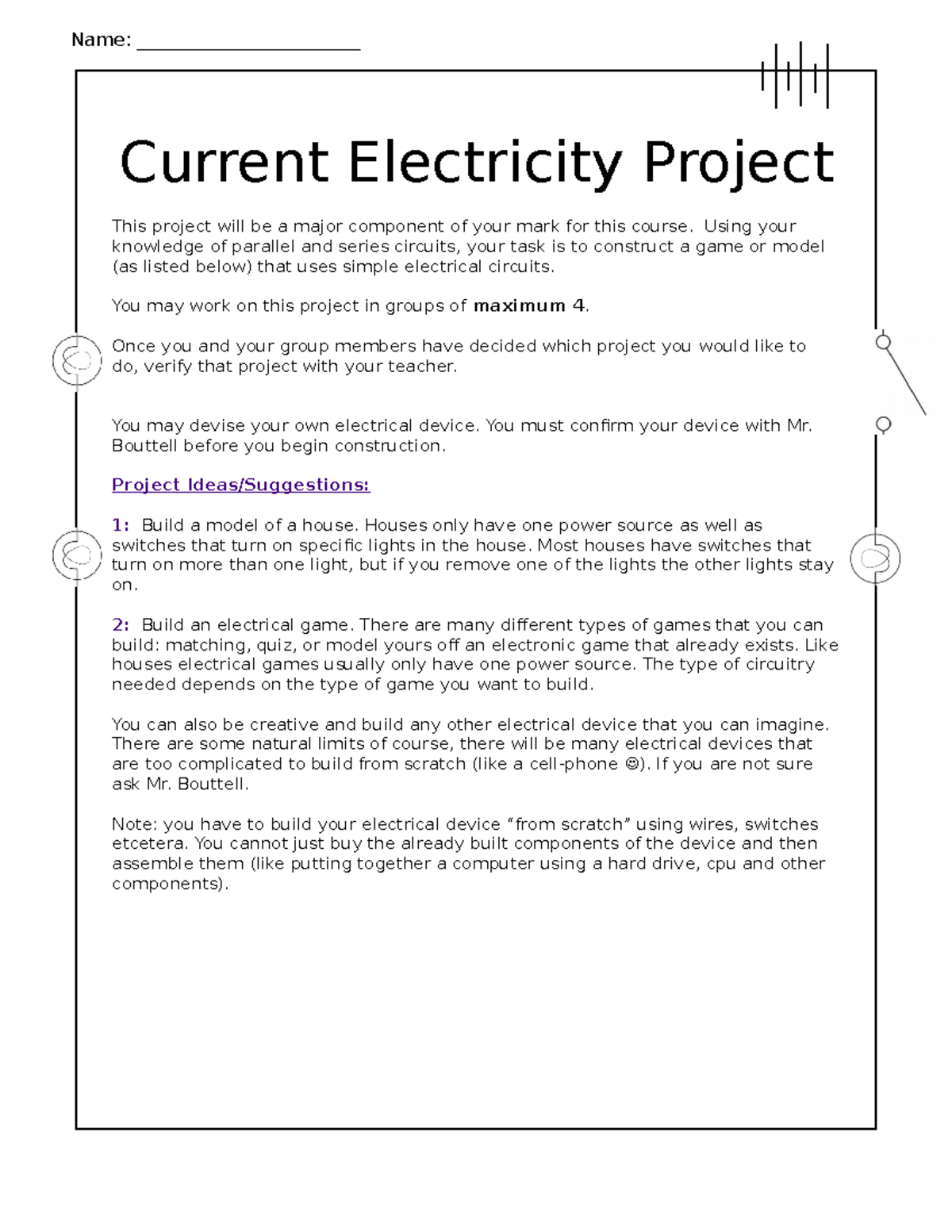 Current Electricity Project - Name: ________________________ Current ...