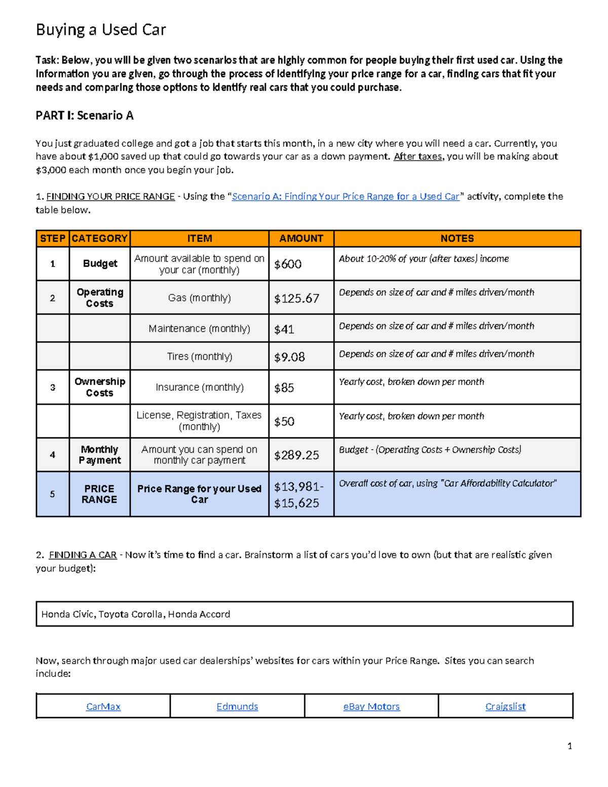 - Project Buying a Used Car - Buying a Used Car Task: Below, you will ...