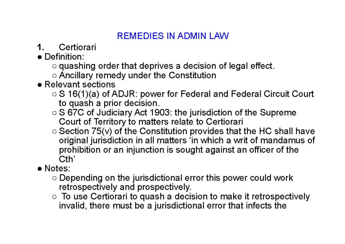 Remedies IN Admin LAW 2 - REMEDIES IN ADMIN LAW 1. Certiorari ...