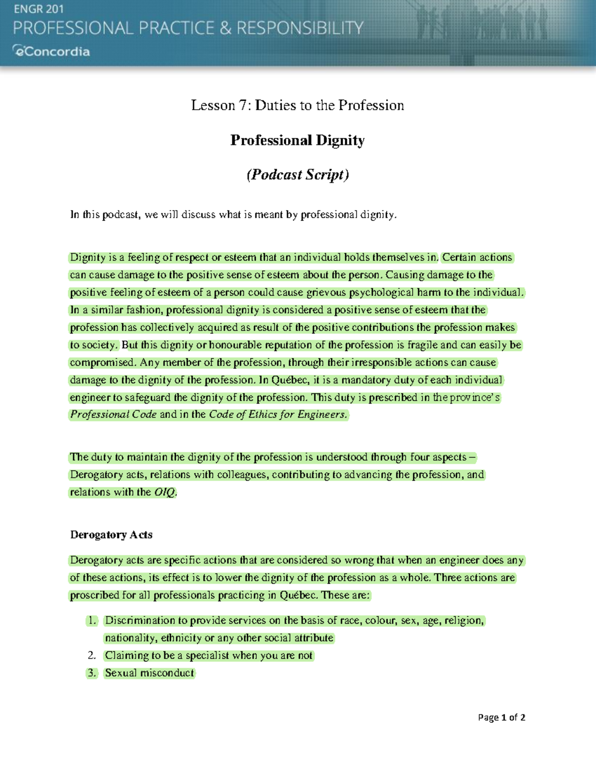 Lesson 7Podcast 1 - Page 1 of 2 Lesson 7: Duties to the Profession ...