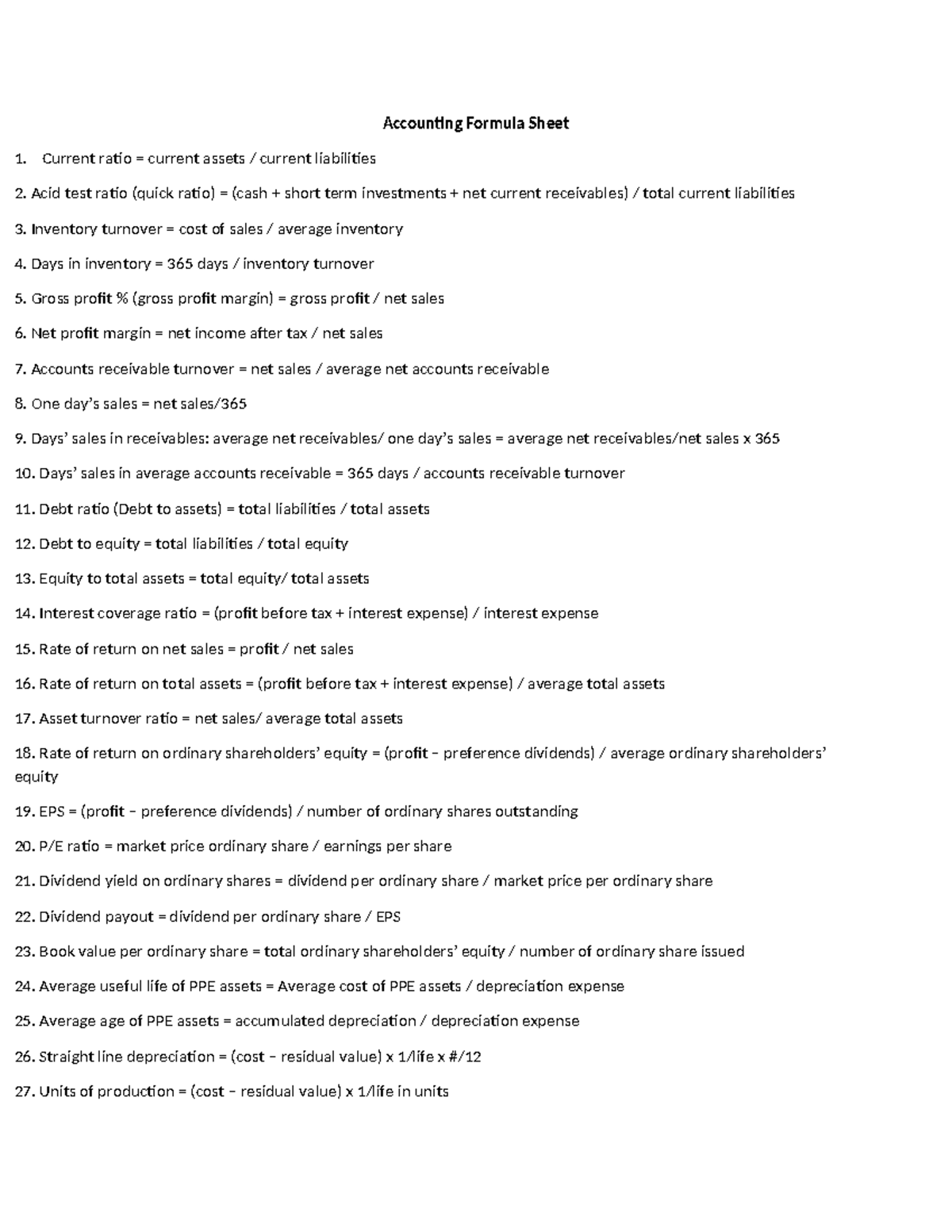Formula sheet - Accounting Formula Sheet Current ratio = current assets ...