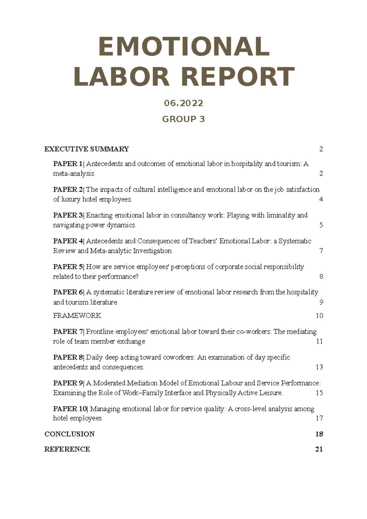 Emotional Labor Report - EMOTIONAL LABOR REPORT 06. GROUP 3 EXECUTIVE SUMMARY 2 PAPER 1 ...