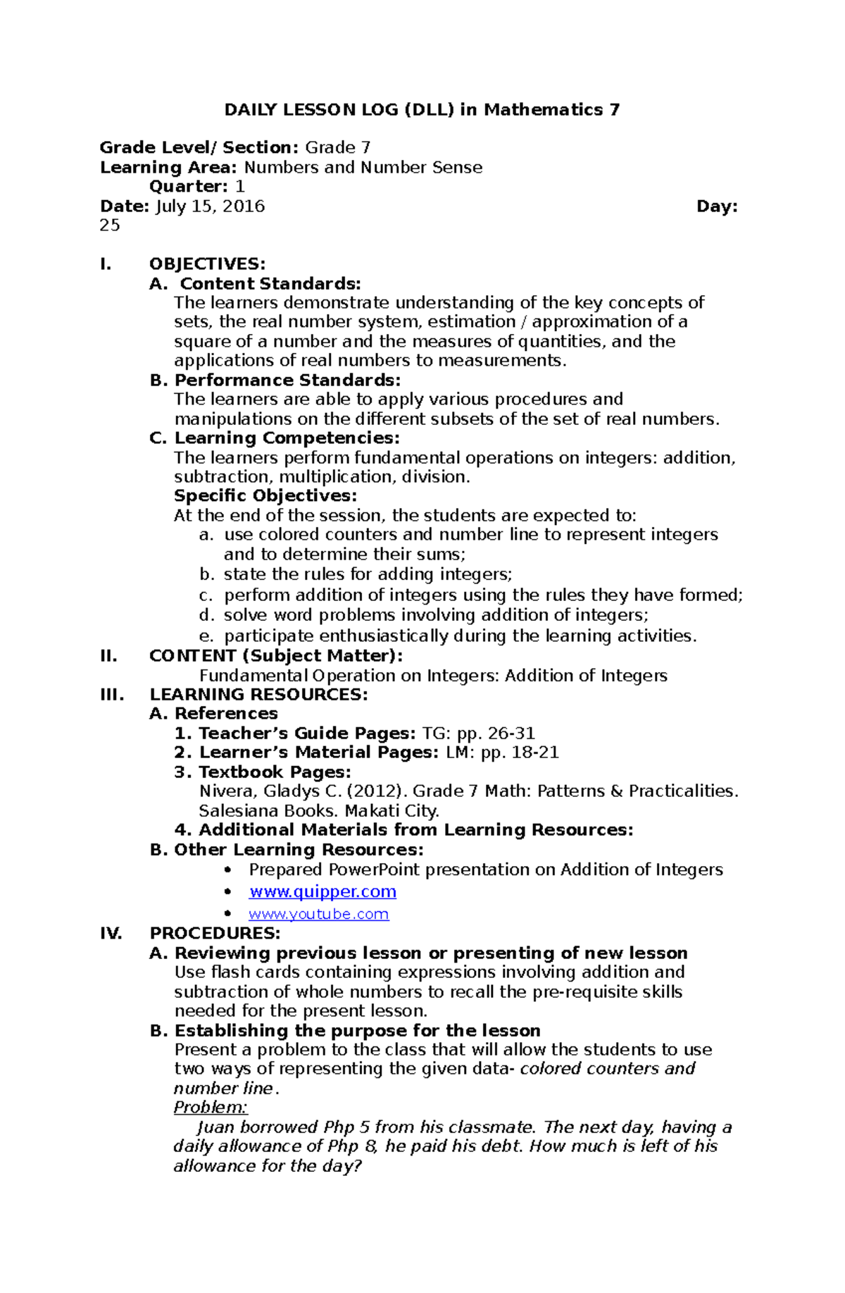 Scribd - Answer - DAILY LESSON LOG (DLL) in Mathematics 7 Grade Level ...