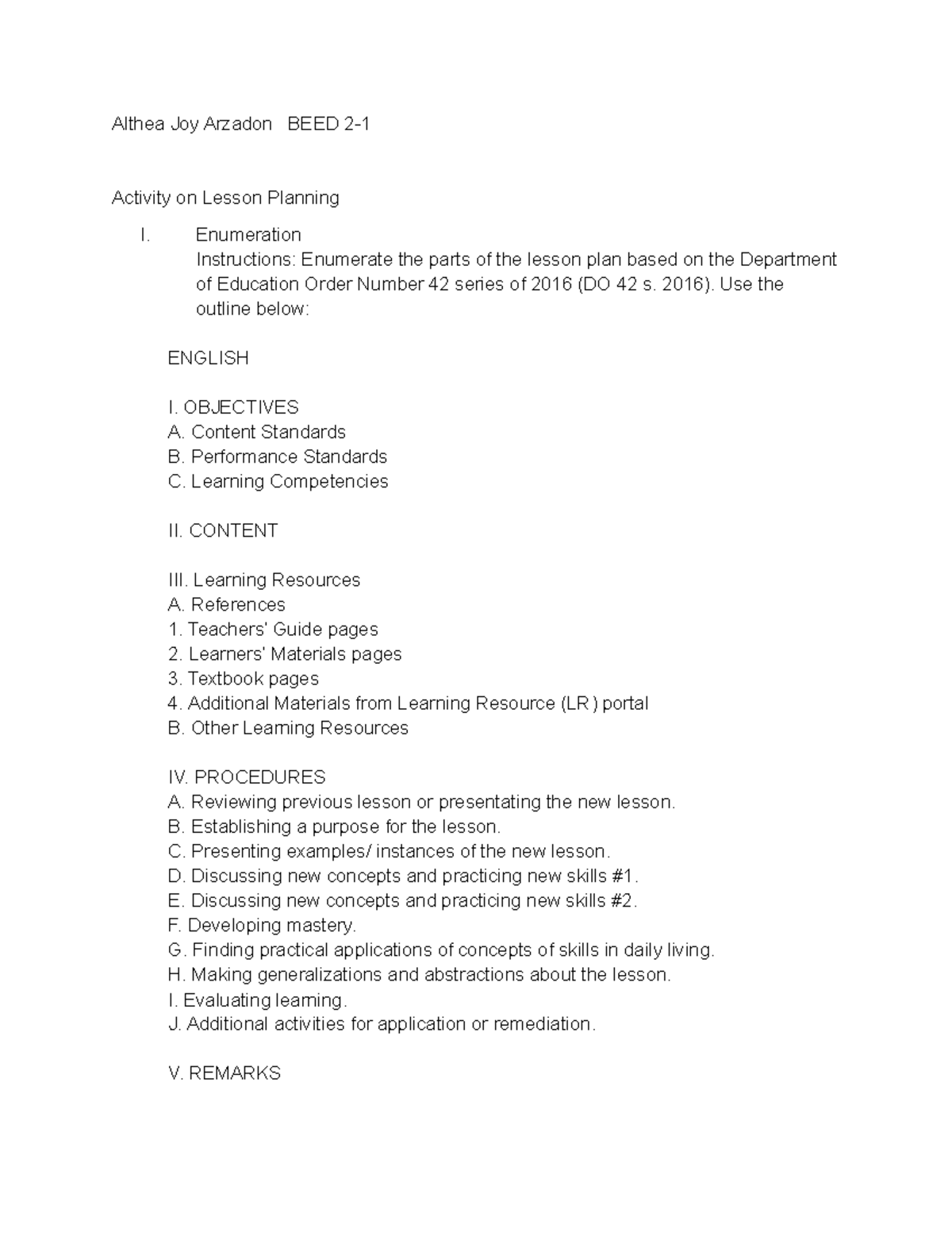 Activity on DO 42 s.2016 Lesson Planning - Althea Joy Arzadon BEED 2 ...