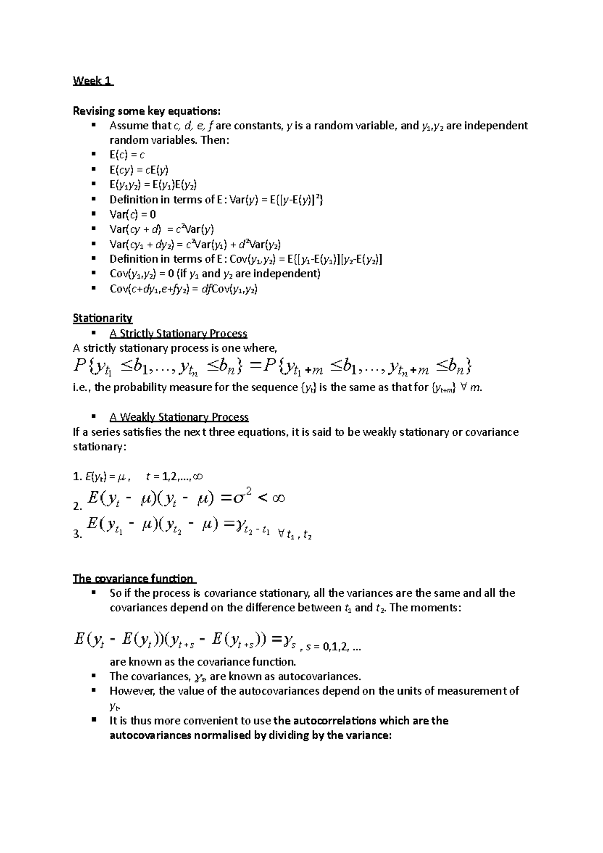 Week 1 QMF notes - nites - Week 1 Revising some key equations: § Assume ...