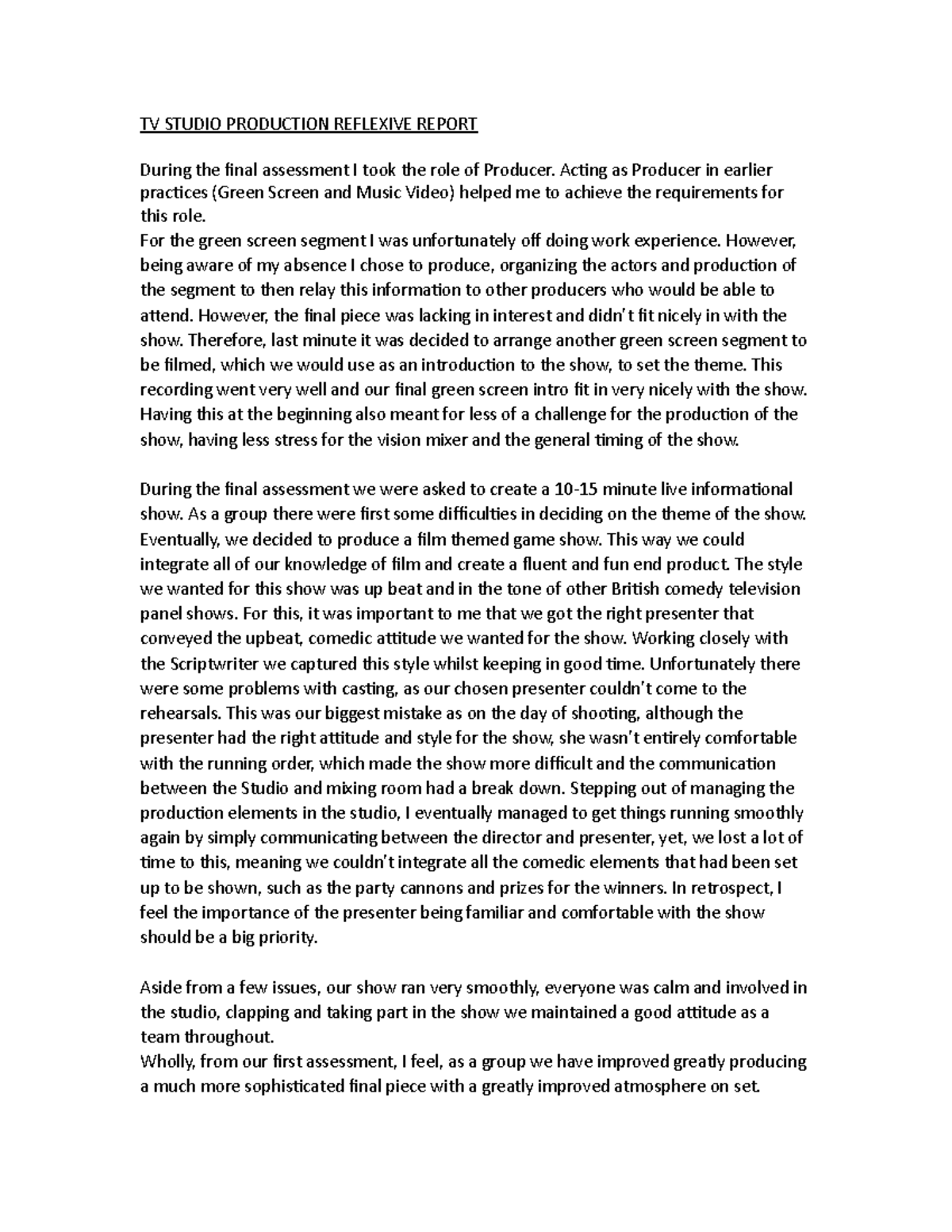 Essay "Report Of Tv Studio Production Module" - Grade 72 - TV STUDIO ...