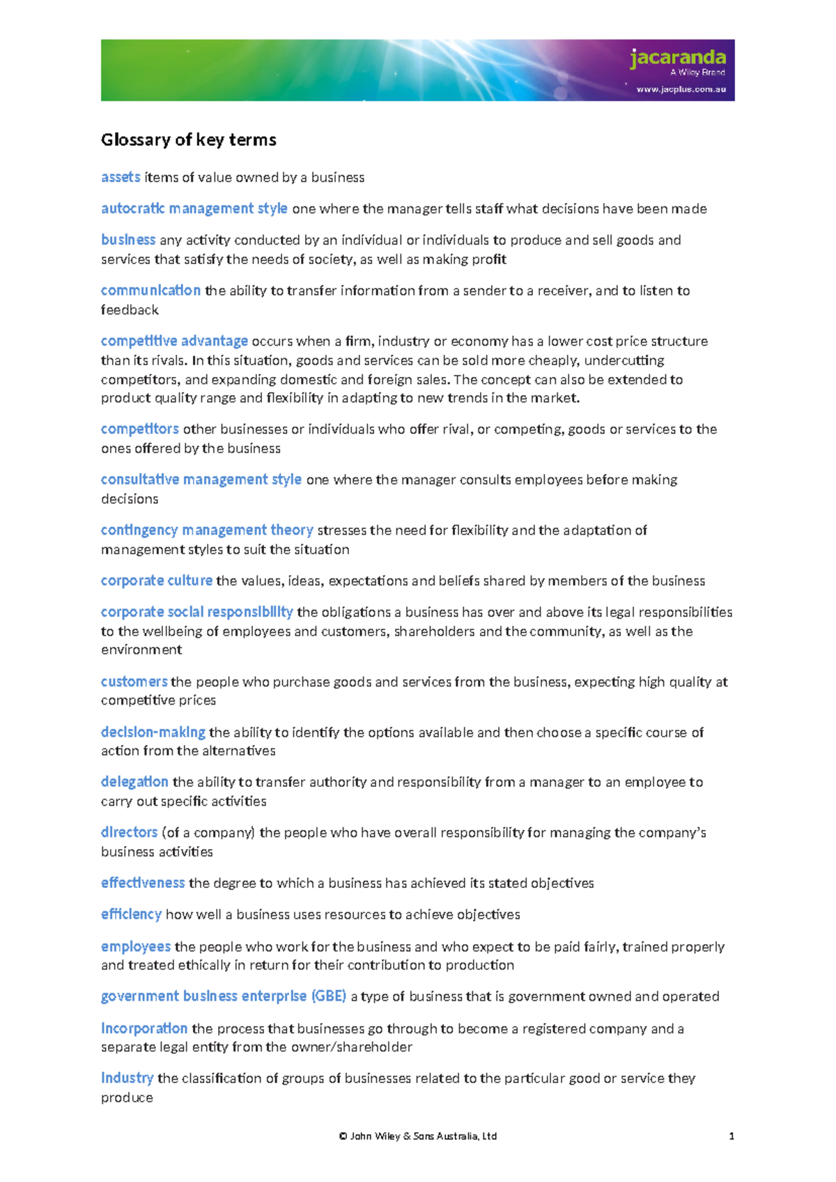 Key terms chapter 1 - Glossary of key terms assets items of value owned ...