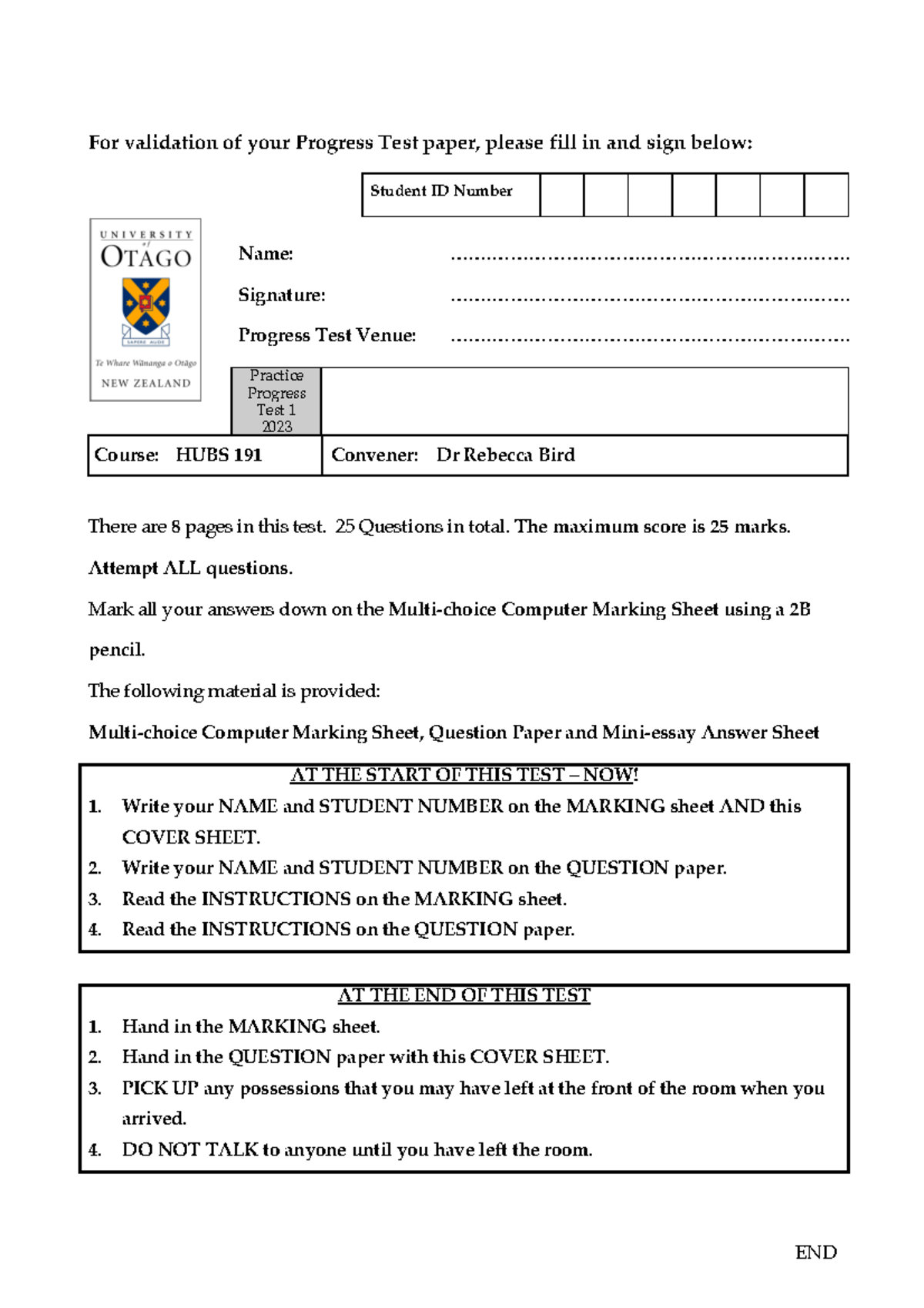 PT1 Practice final student - END For validation of your Progress Test ...