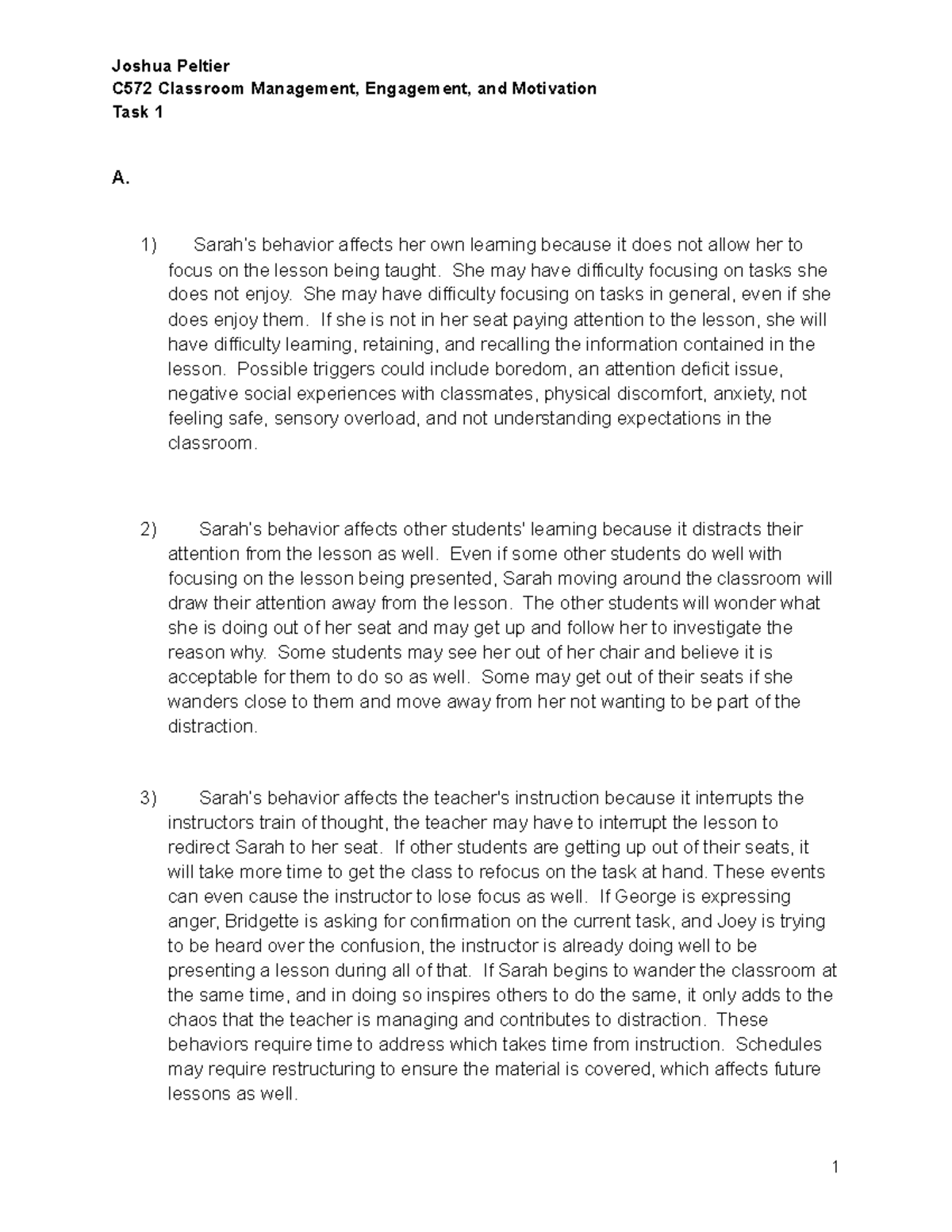 Classroom Management Task 1 - C572 Classroom Management, Engagement ...