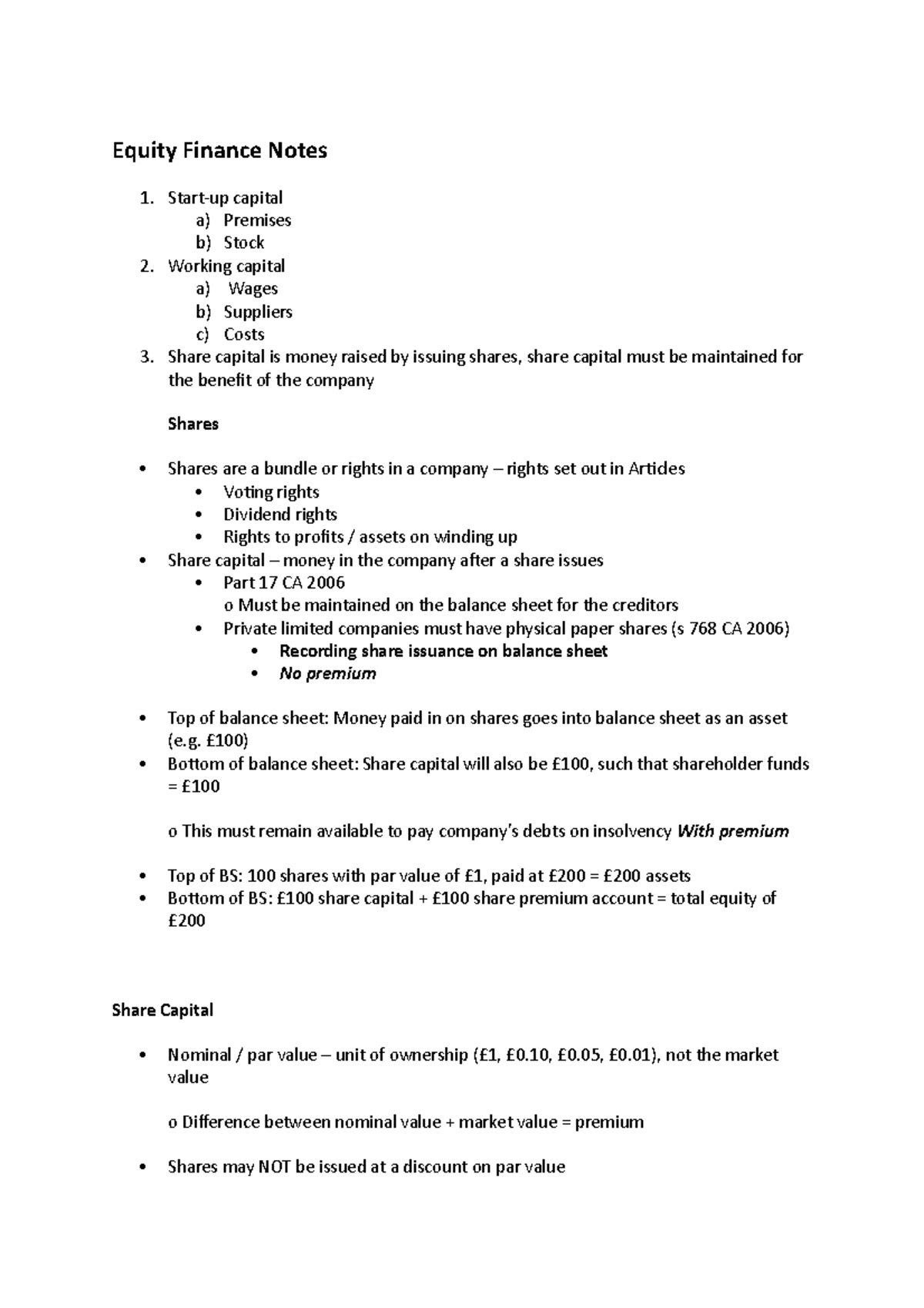 Equity Finance Notes - Equity Finance Notes Start-up capital a ...
