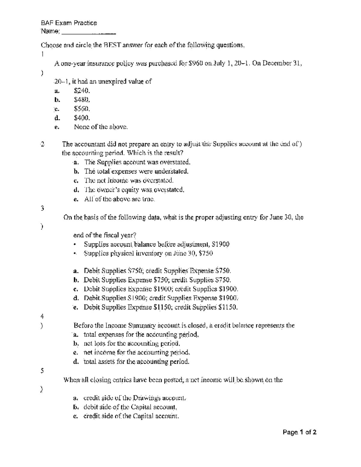 BAF3M Practice Exam - BAF Exam Practice Name: Choose and circle the ...