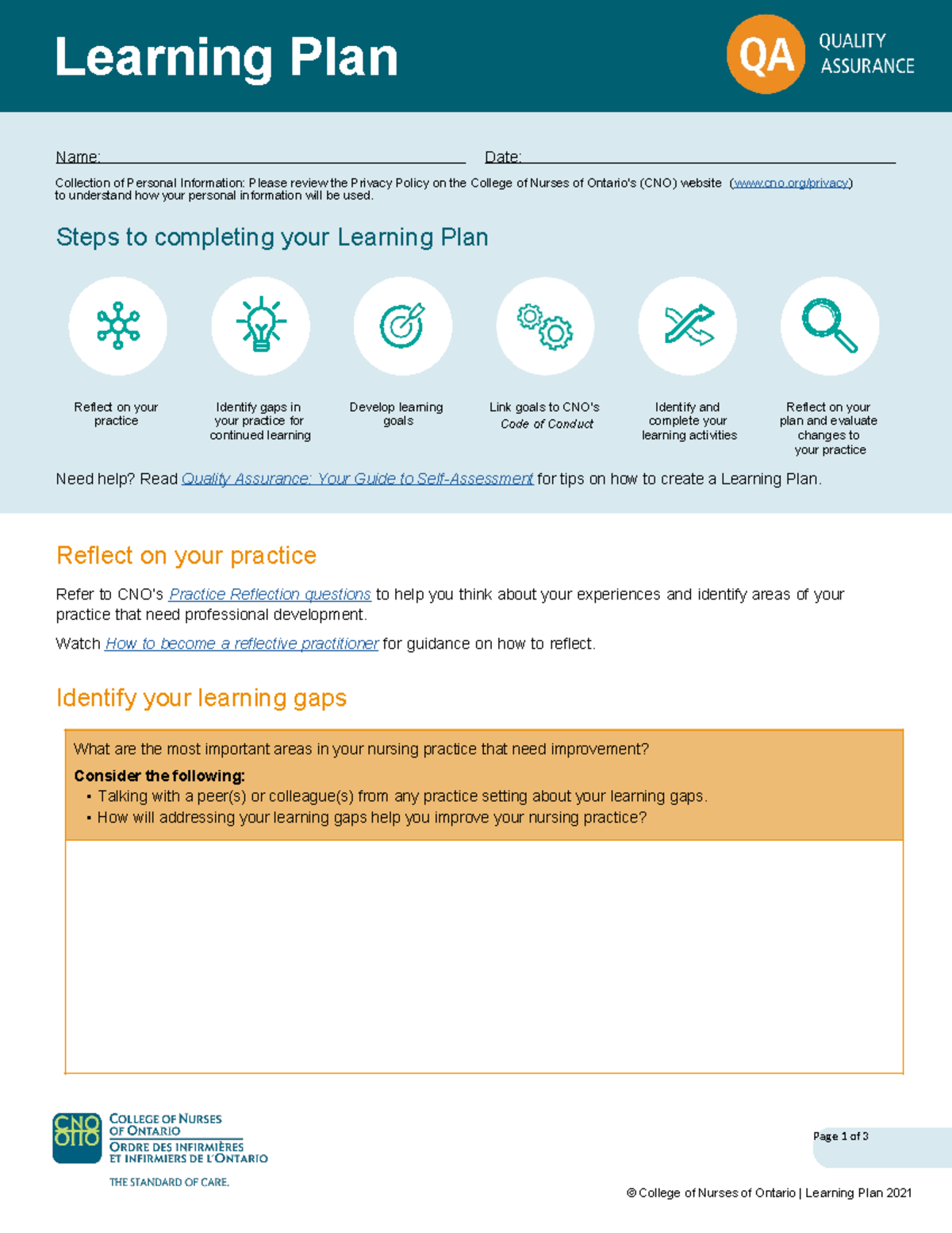 F21 Learning Plan Template (CNO) - Page 1 of 3 © College of Nurses of Ontario | Learning Plan ...