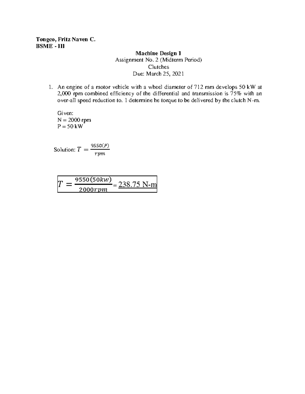 Toaz - dasdf - Tongco, Fritz Naven C. BSME - III Machine Design 1 Assignment No. 2 (Midterm ...