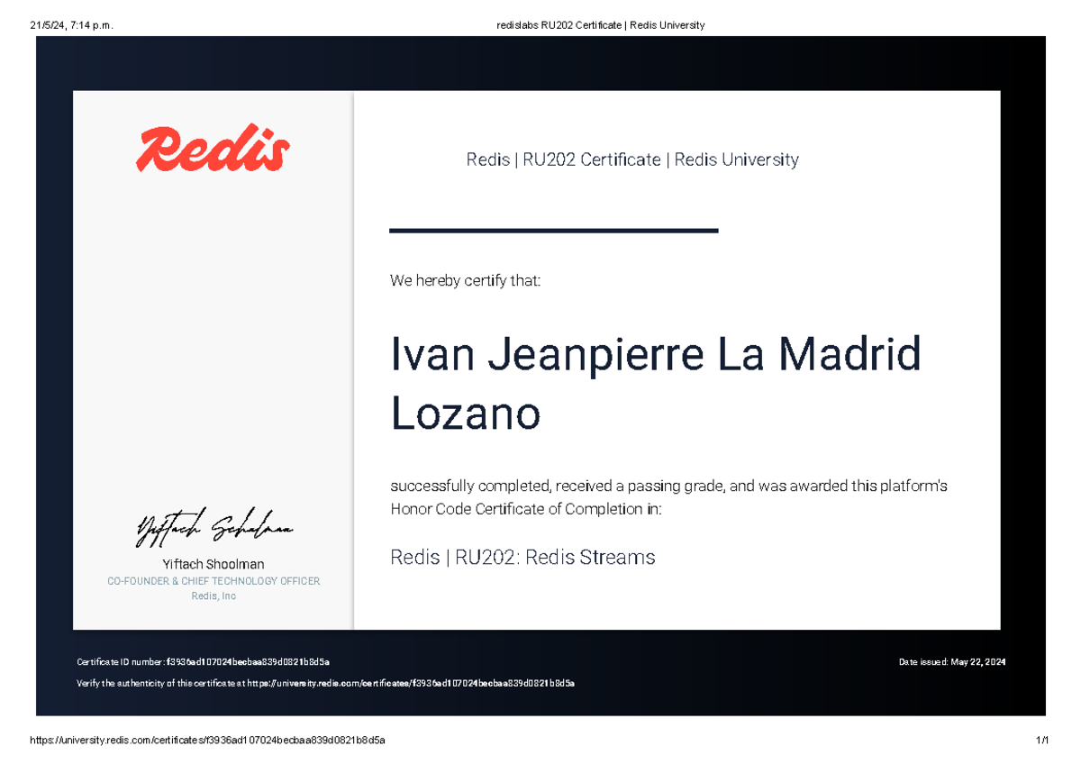 Redislabs RU202 Certificate Redis University - Certicate ID number ...