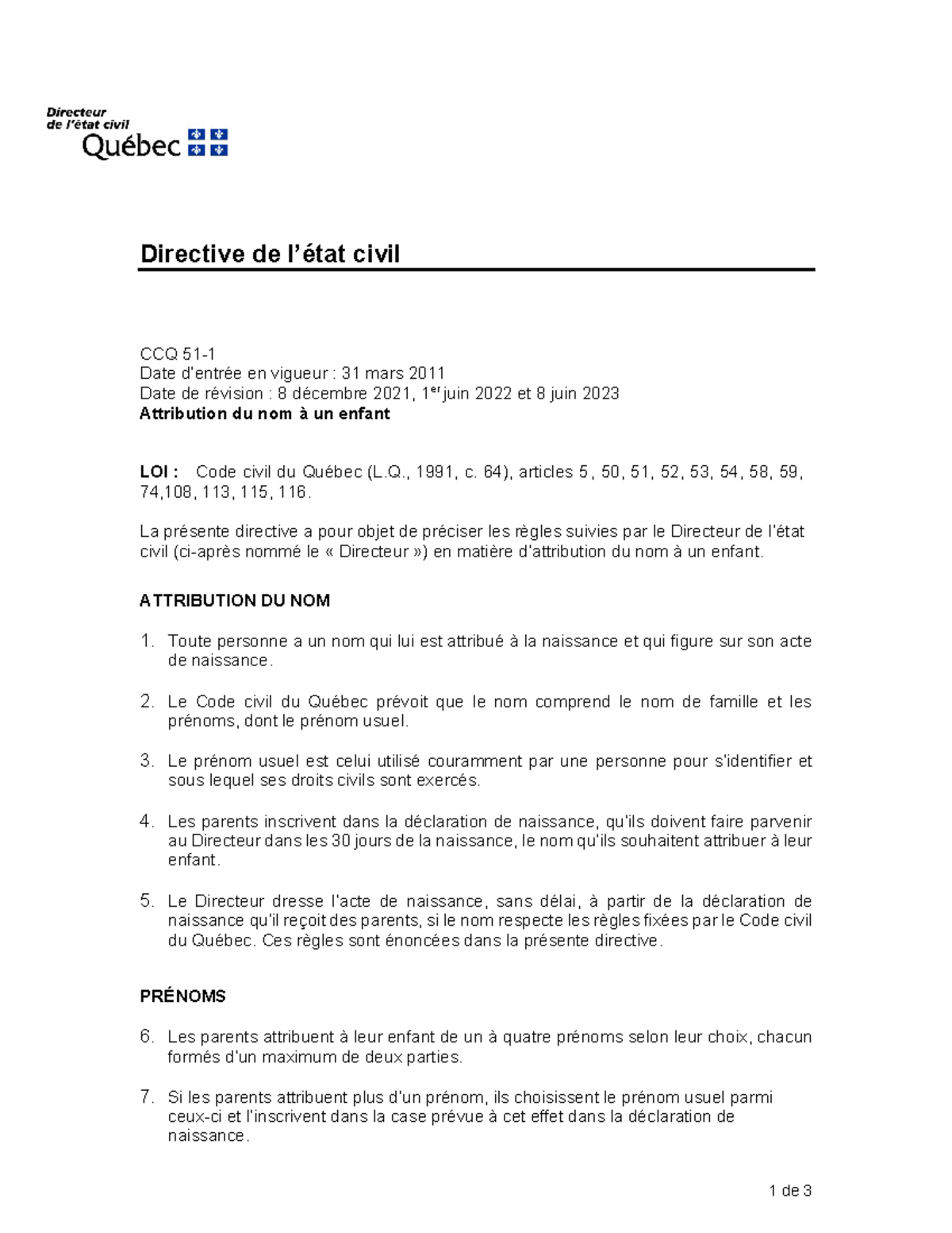 Directive-DEC attribution-nom - Directive de l’état civil CCQ 51- Date ...