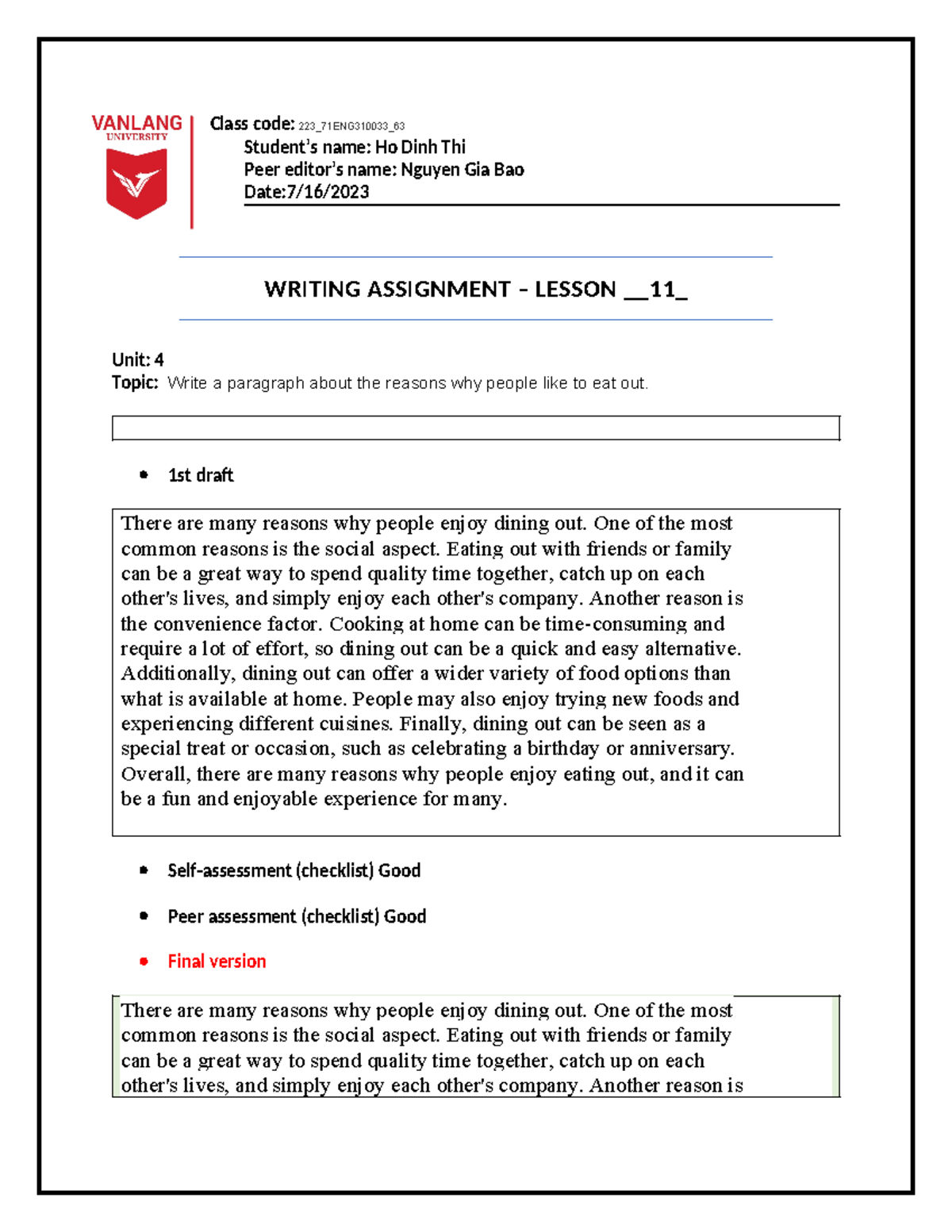 Template Writing assignment - Class code: 223_71ENG310033_ Student’s name: Ho Dinh Thi Peer ...