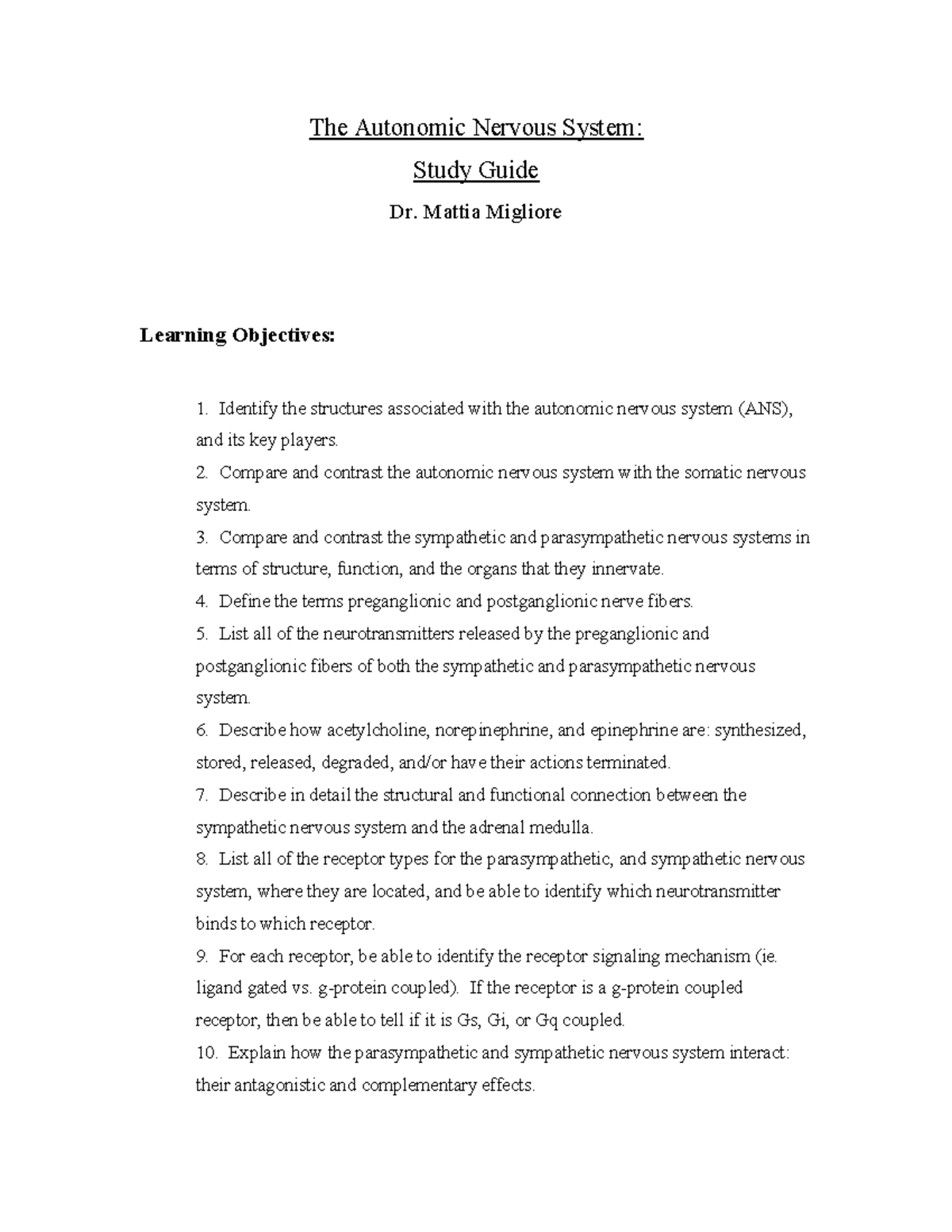 The Autonomic Nervous System Study Guide - Mattia Migliore Learning ...
