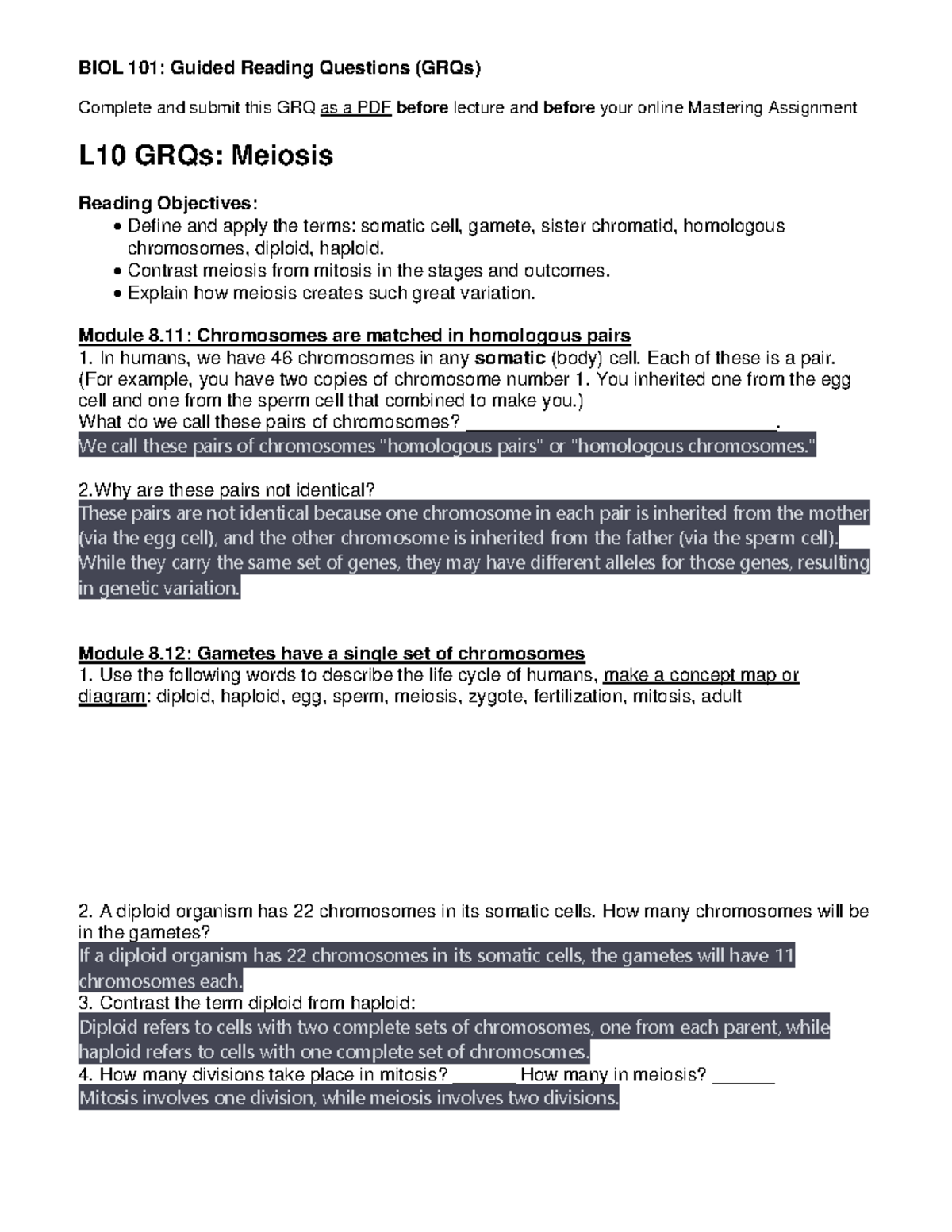 Lesson 10 GRQs Meiosis - Quick notes for GRQ - BIOL 101: Guided Reading ...
