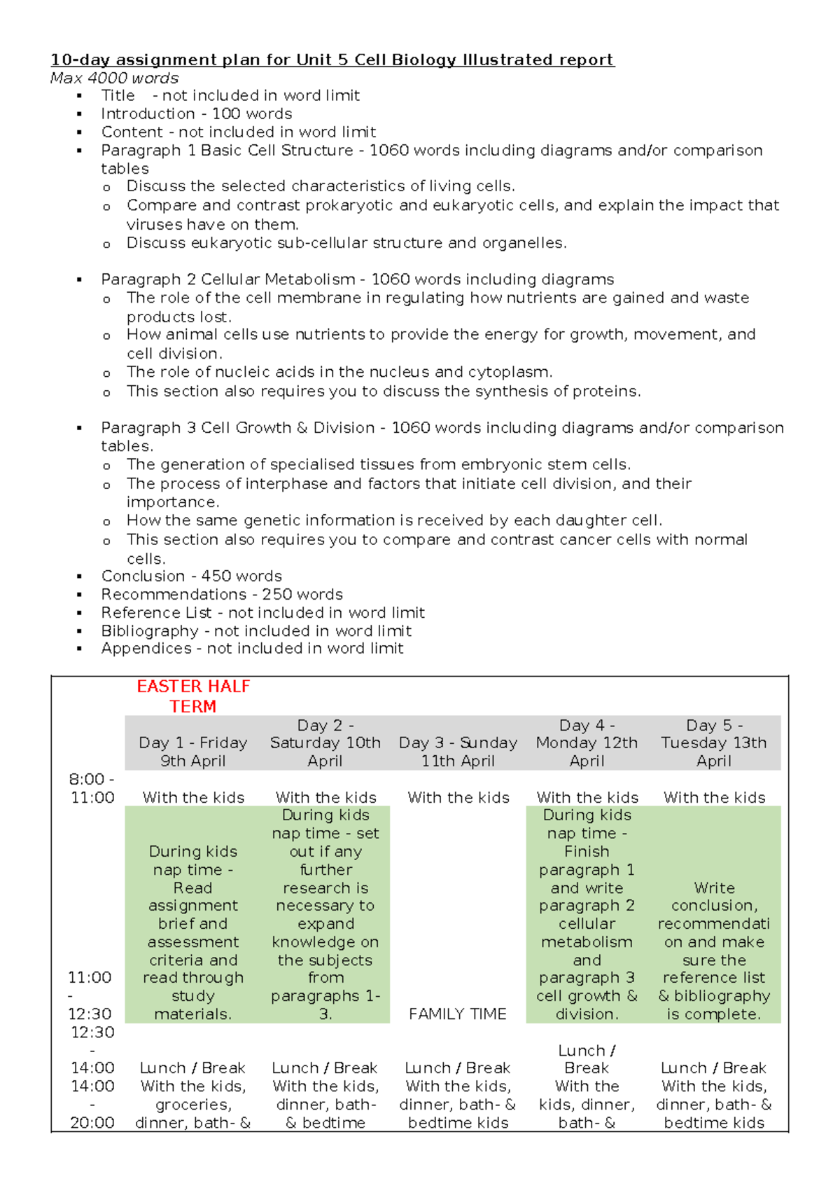 Unit 4 - Unit 4 - 10-day assignment plan for Unit 5 Cell Biology ...