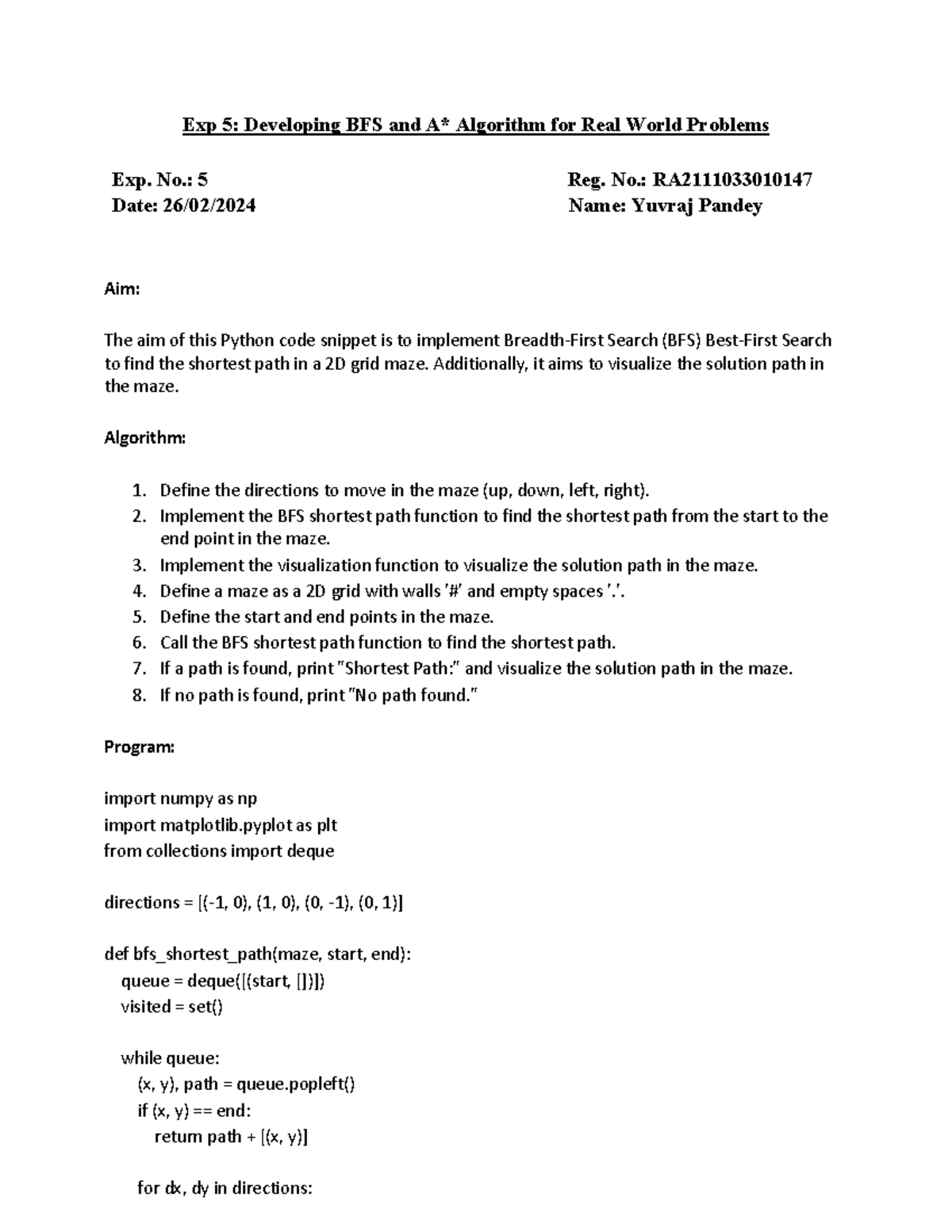 AI LAB Exp 5 - ALL Practical Material. - Exp 5: Developing BFS and A* Algorithm for Real World ...