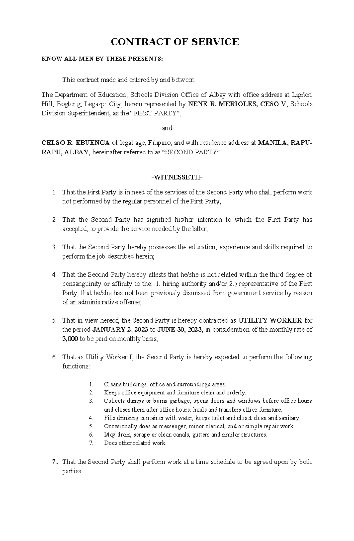 Utility COS form Schools - CONTRACT OF SERVICE KNOW ALL MEN BY THESE ...