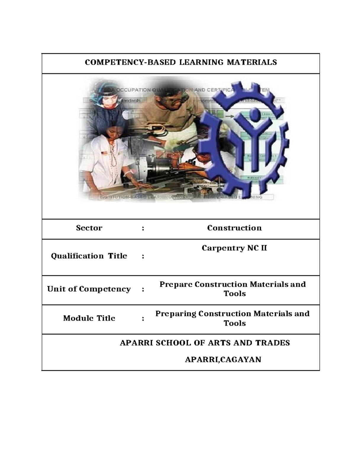 Cblm common prepare construction materials - COMPETENCY-BASED LEARNING MATERIALS Sector : - Studocu