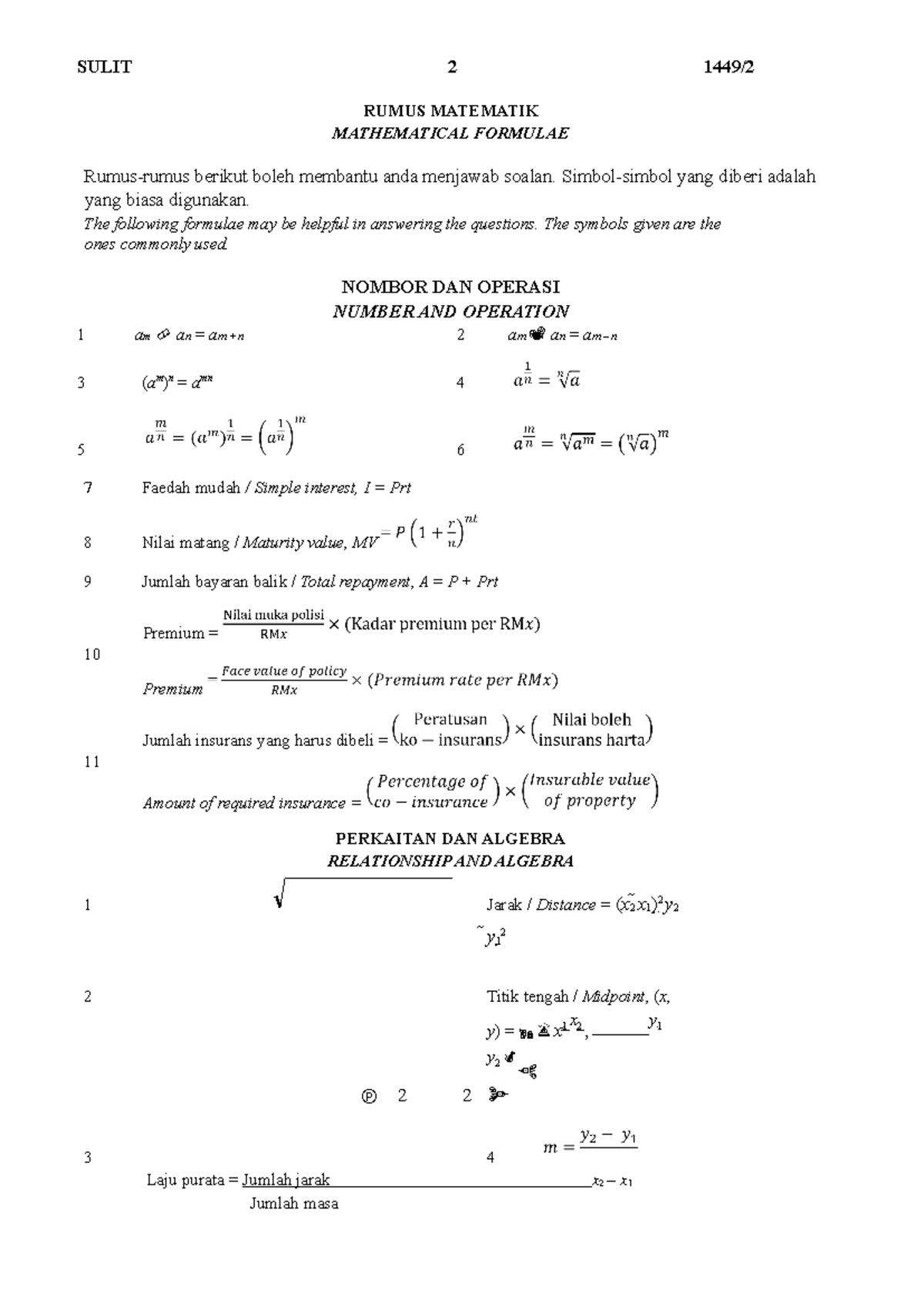 Matematik 2 UD3 SPM 2022 - RUMUS MATEMATIK MATHEMATICAL FORMULAE Rumus-rumus berikut boleh ...