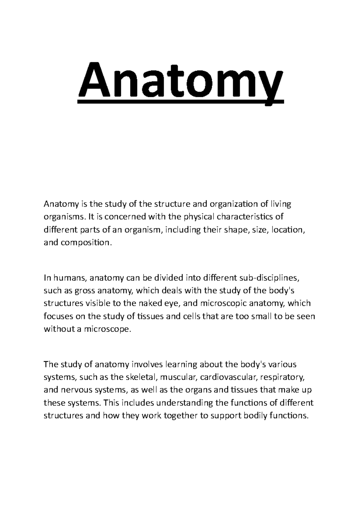 Anatomy full Notes - Anatomy Anatomy is the study of the structure and ...