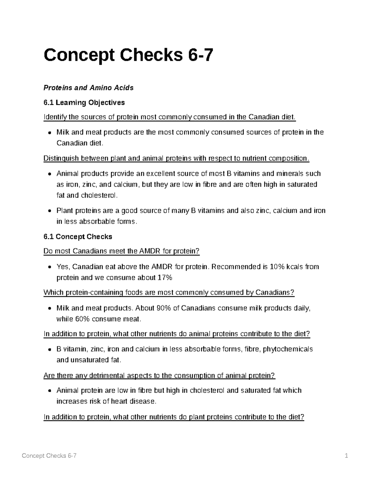 Concept Checks Ch, 6-7 - Concept Checks 6- Proteins and Amino Acids 6 ...