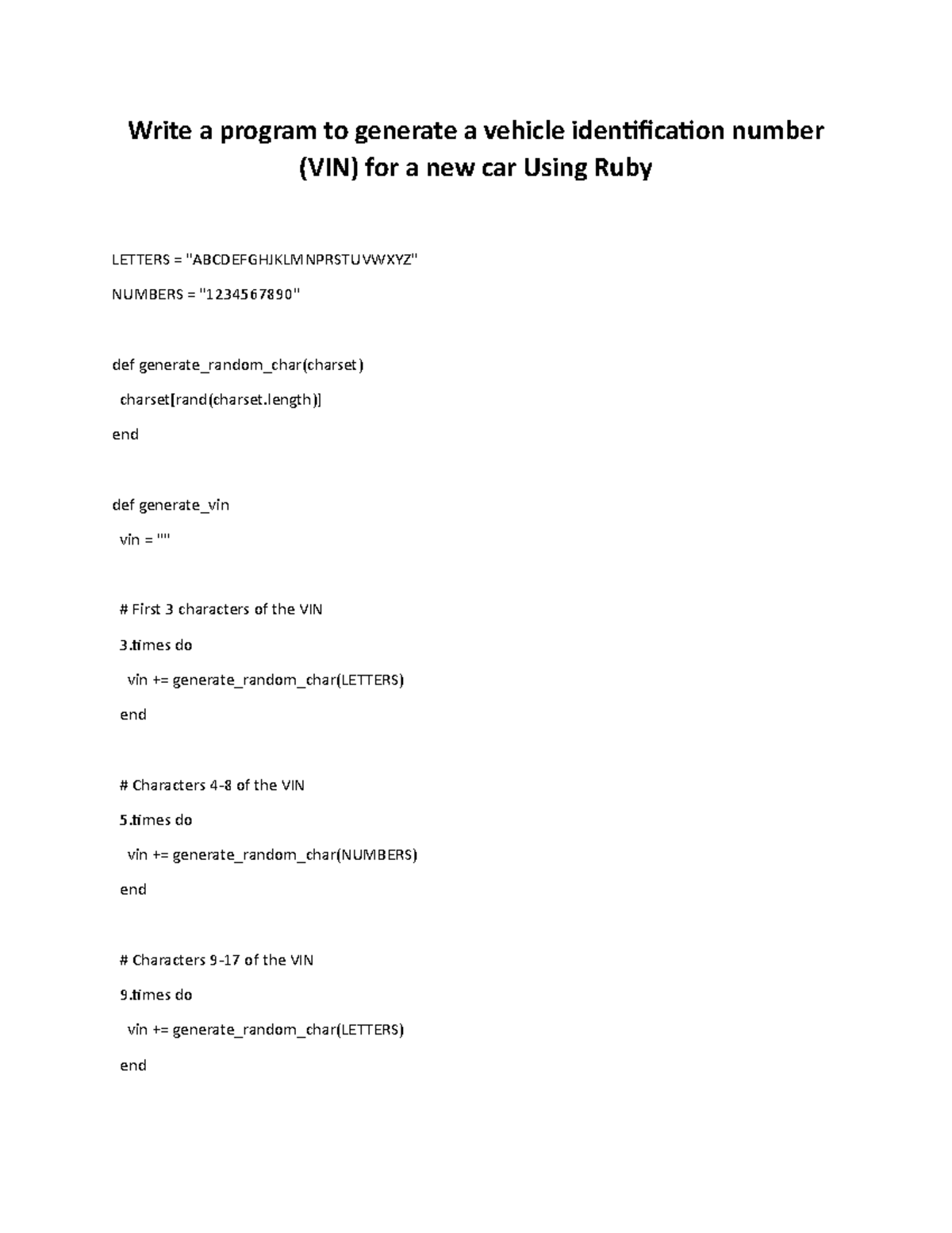 Using Ruby Write A Program To Generate A Vehicle Identification Number Vin For A New Write