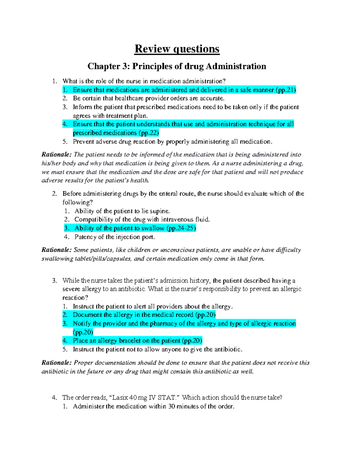 Review Questions Chapter 3: Principles of Drug Administration - Inform ...