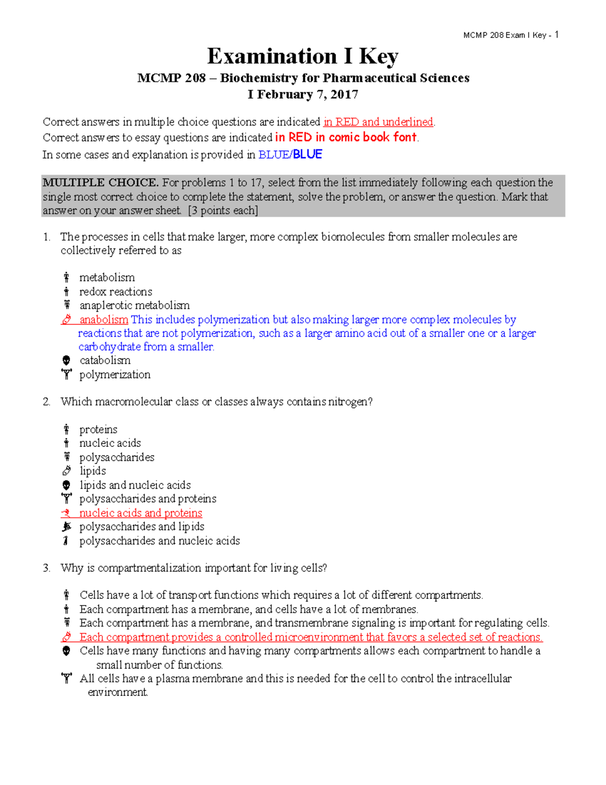 Exam1-key - we know - MCMP 208 Exam I Key 1 Examination I Key MCMP 208 Biochemistry for - Studocu