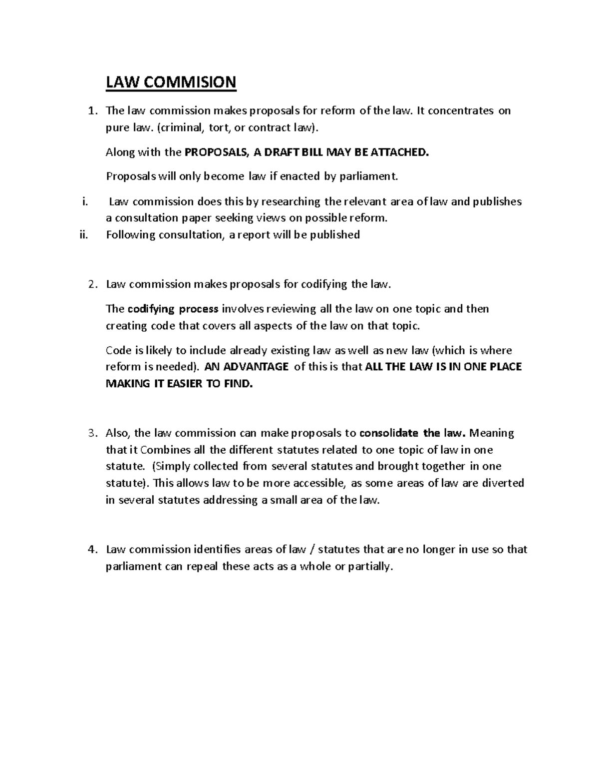 LAW Commision - summary notes - LAW COMMISION The law commission makes ...