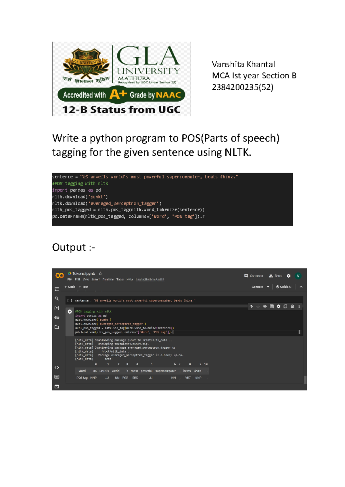 POS - Ai assignment - Write a python program to POS(Parts of speech ...