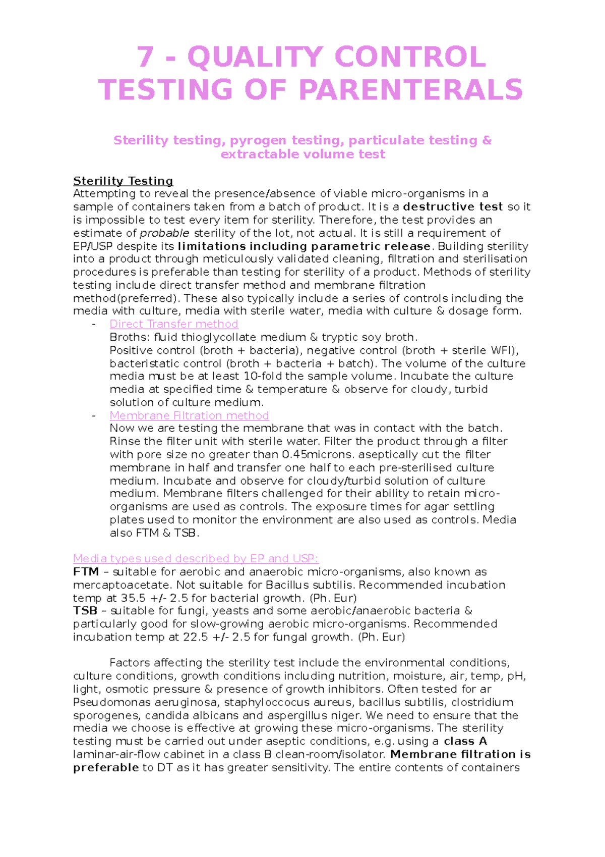 7 QC of Parenterals - Sterility testing, pyrogen testing, particulate ...
