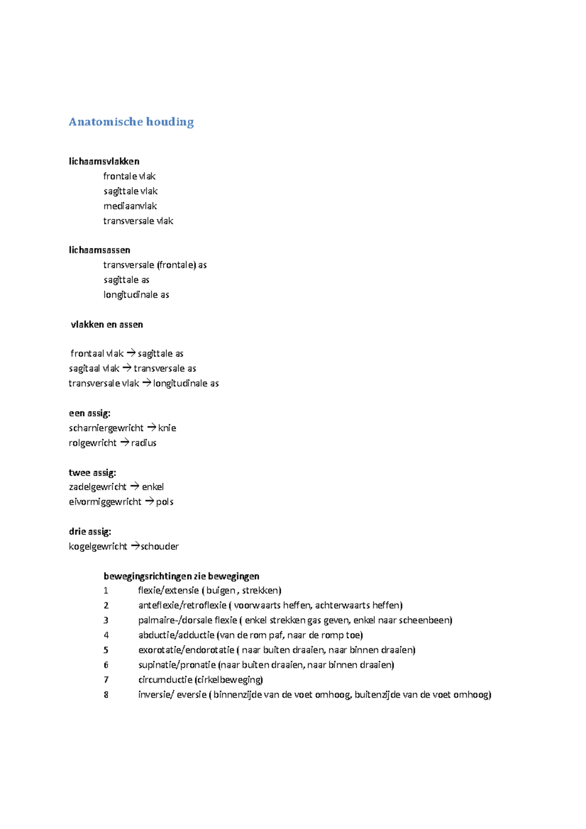 Samenvatting AFPB introductie + TGW: colleges - Anatomische houding ...