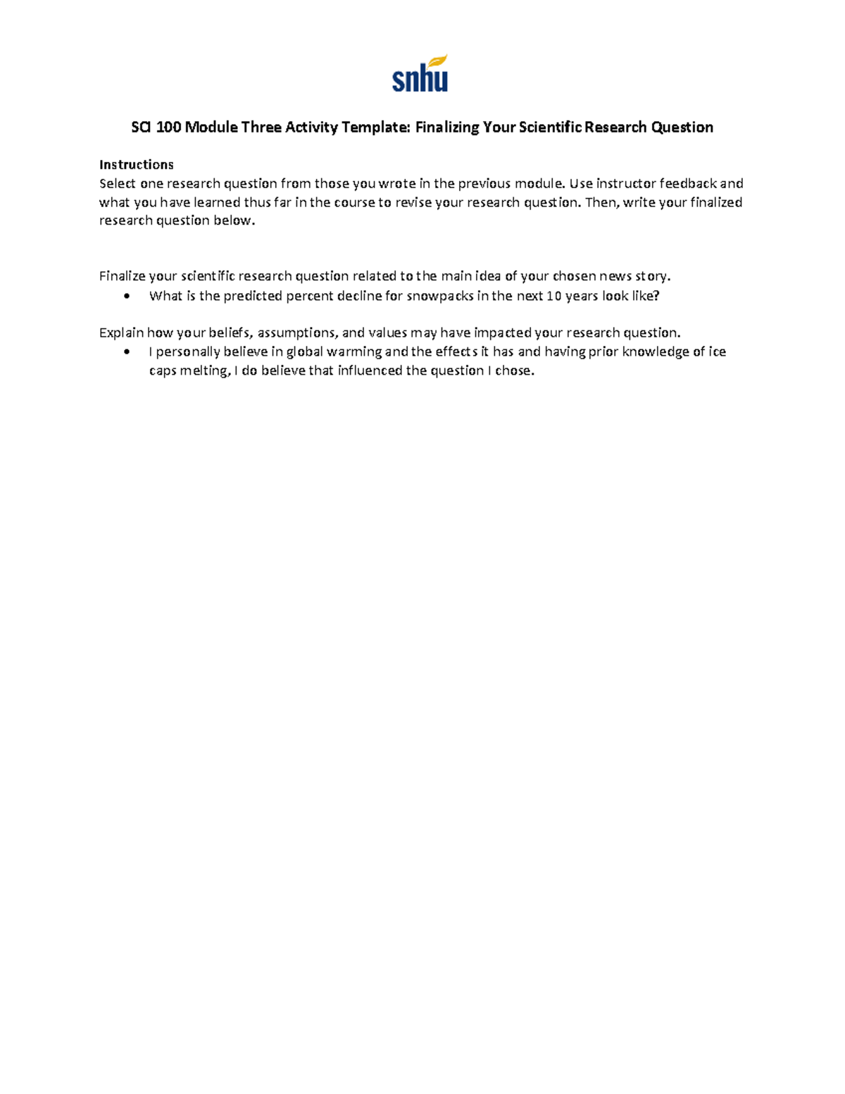 SCI 100 Module Three Activity Template - Use instructor feedback and ...