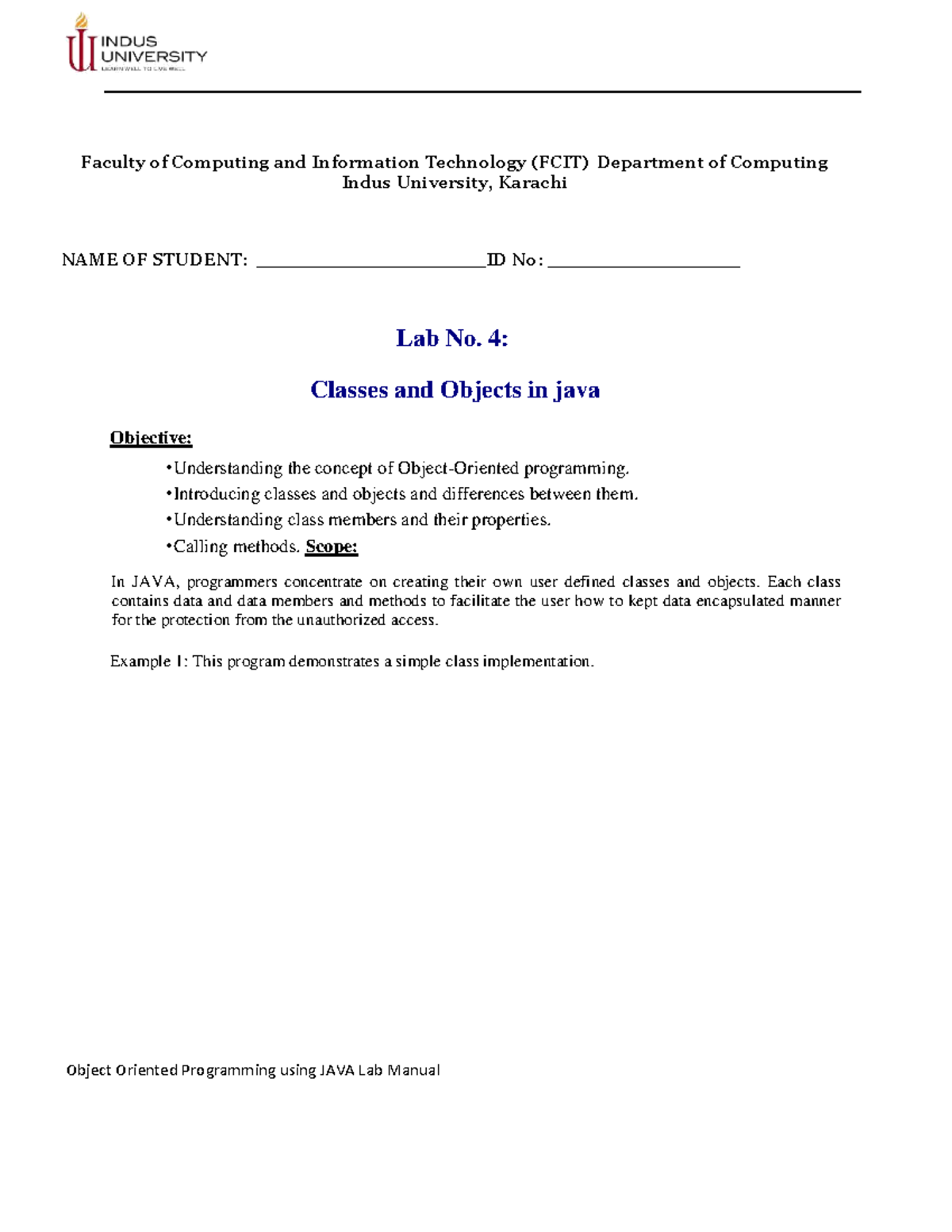 Lab 4 - new - Indus University, Karachi NAME OF STUDENT: ___________________ID No ...