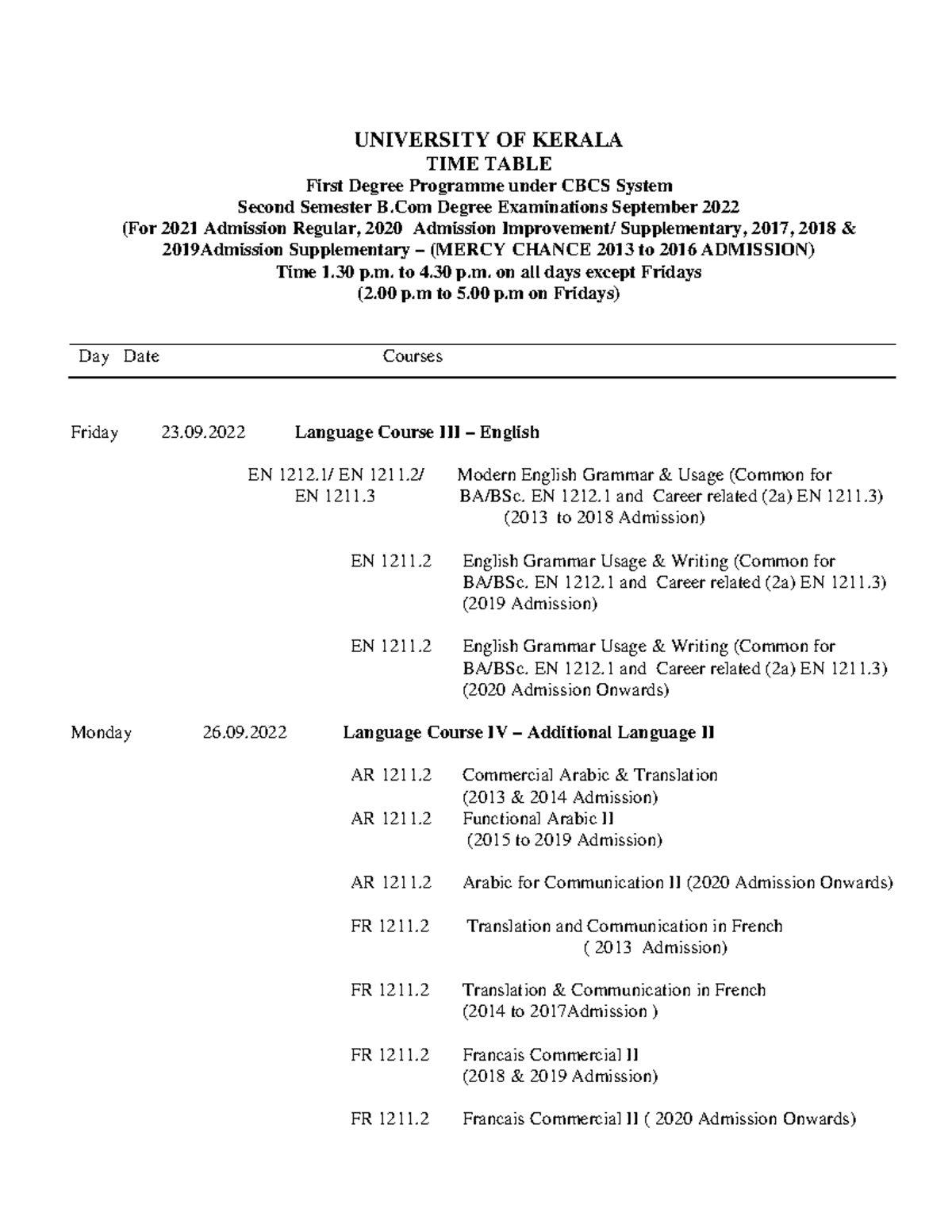 73478 - Questions - UNIVERSITY OF KERALA TIME TABLE First Degree Programme under CBCS System ...