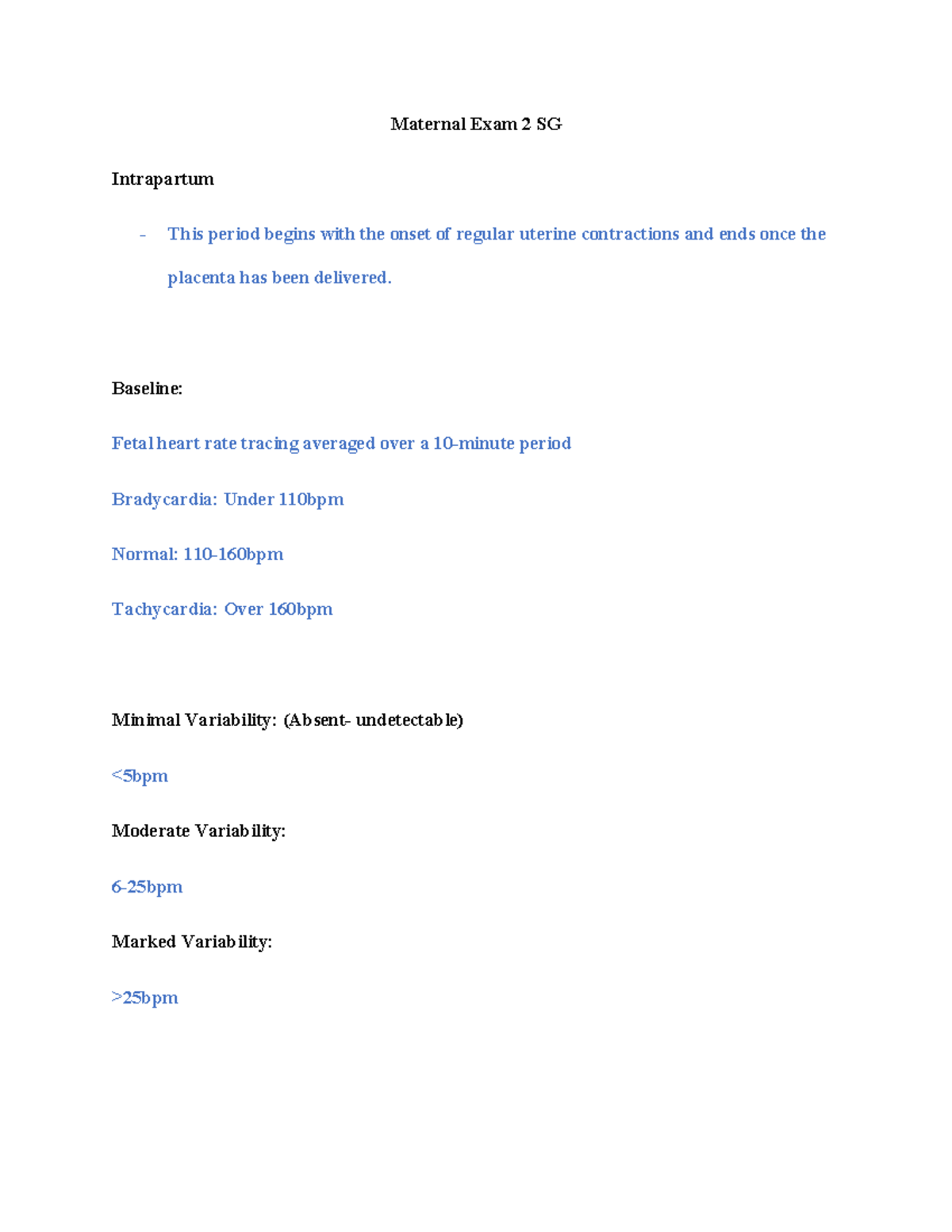 Maternal Exam 2 SG - Baseline: Fetal heart rate tracing averaged over a 10-minute period - Studocu