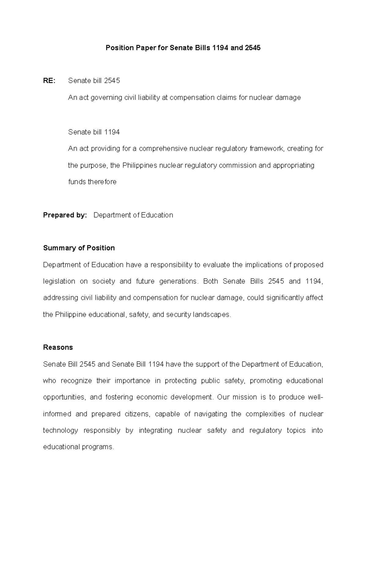 (Abella, Maiden) Position Paper for Senate Bill 1194 and 2545 ...