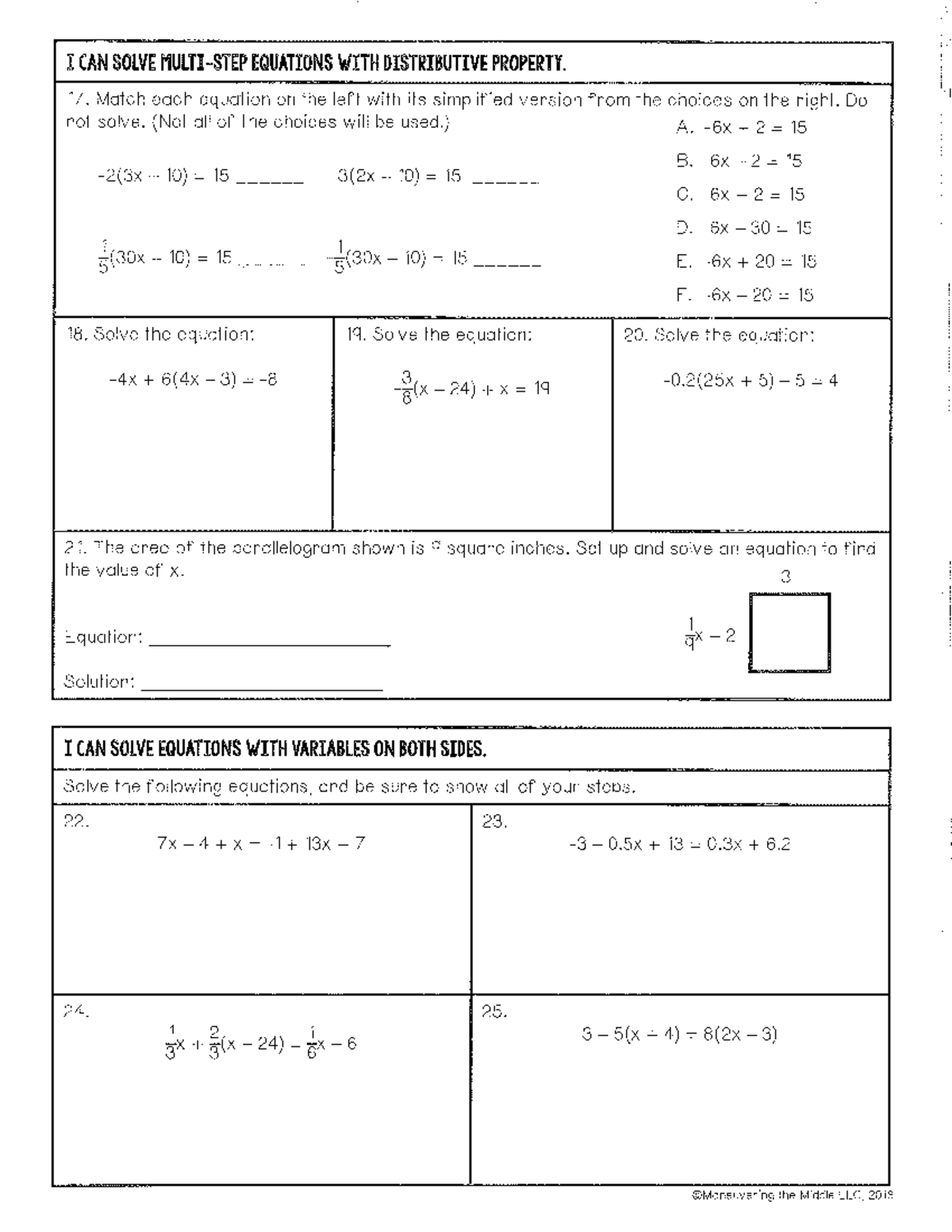 8th Grade Review Packet - I CAN SOLVE EQUATIONS WITH DISTRIBUTIVE ...