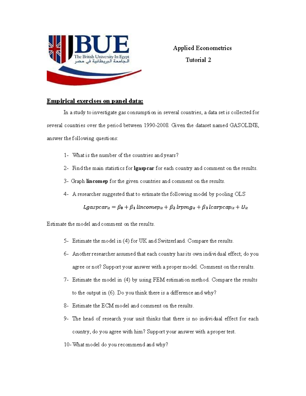 Tutorial 2 AE - Summary Investment Management - Applied Econometrics Tutorial 2 Empirical ...