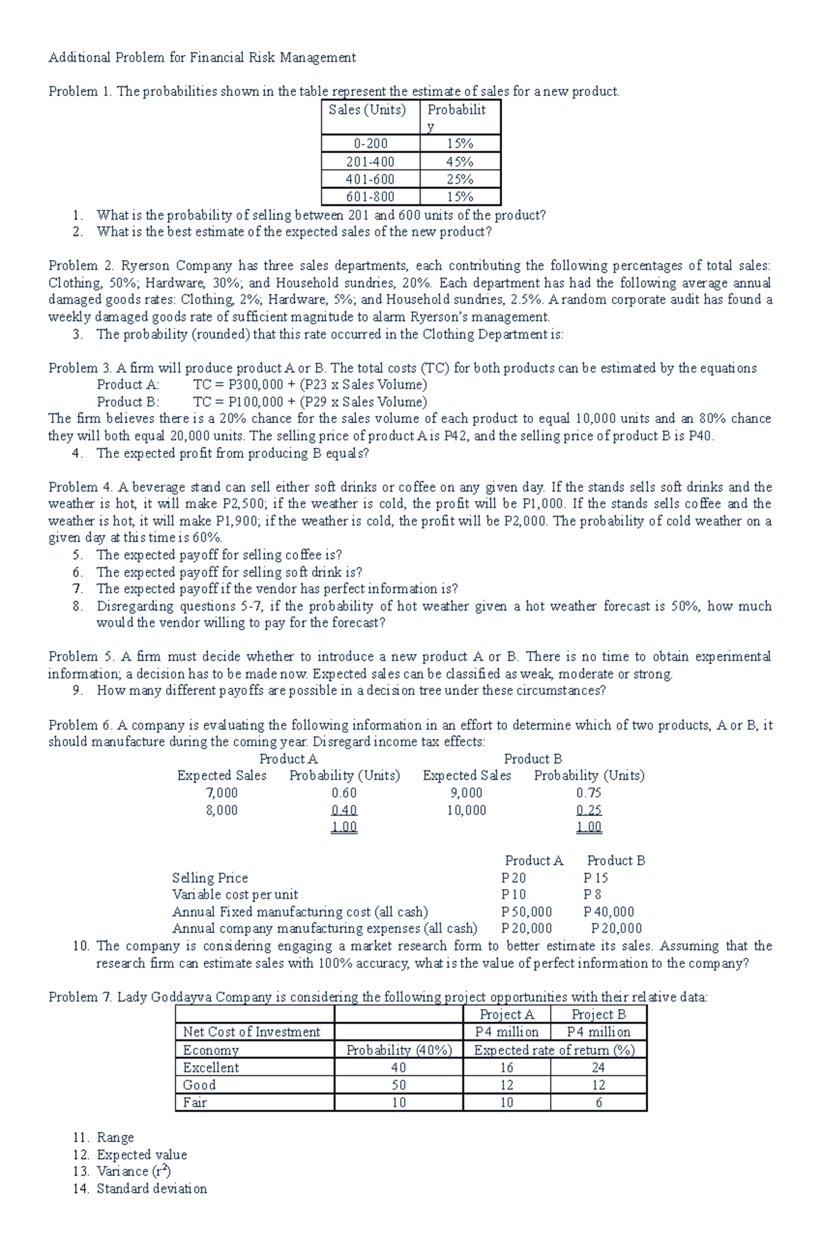 Sample/practice exam, questions - Additional Problem for Financial Risk ...