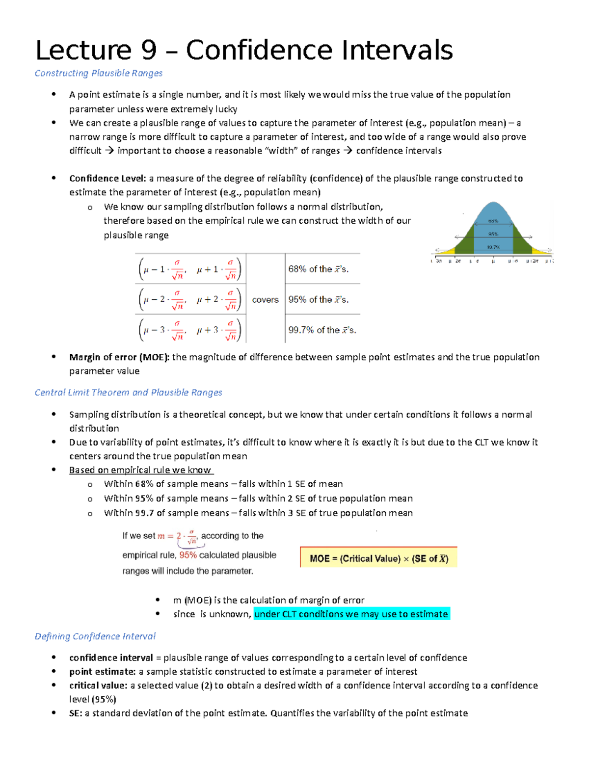 Lecture 9 Confidence Intervals - Lecture 9 – Confidence Intervals Constructing Plausible Ranges ...