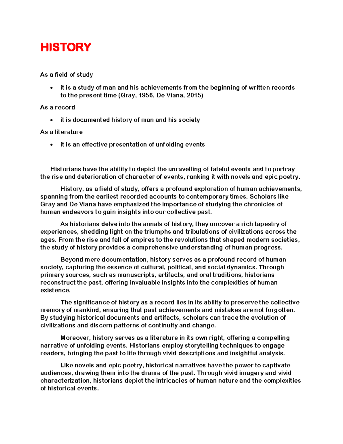 History Lecture Notes - HISTORY As a field of study - it is a study of ...